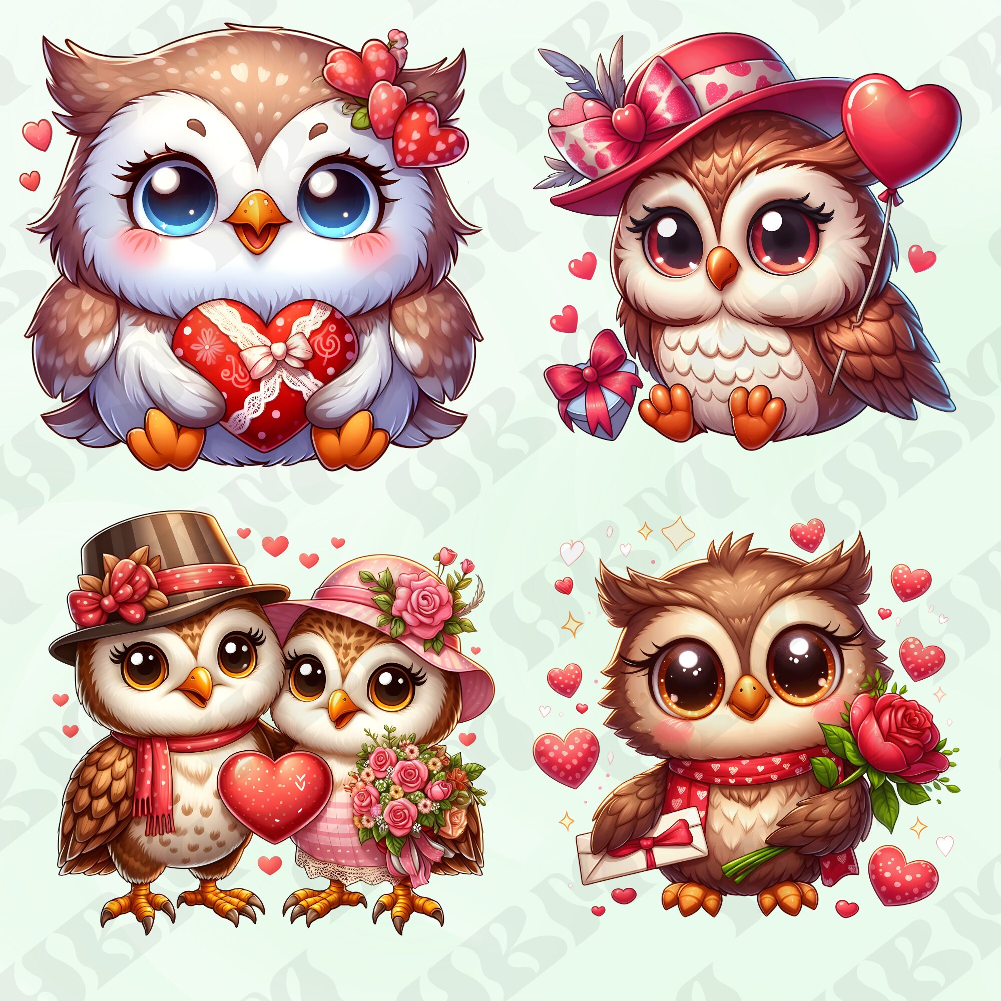 Cute Valentine's Day Owl Clipart Bundle, Whimsical Bird Characters ...