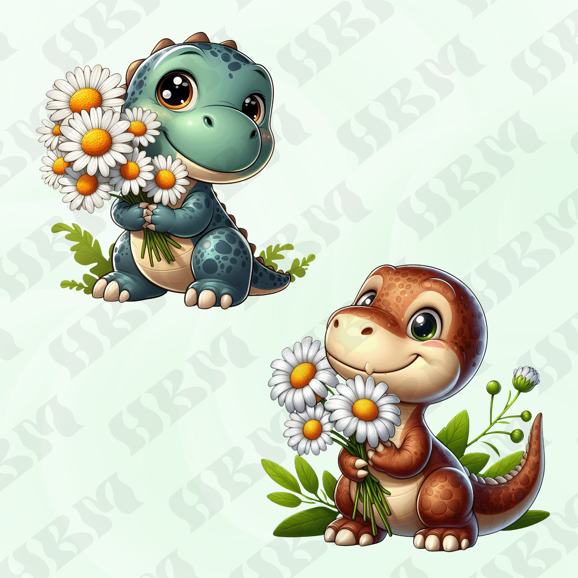 22 Cute Cartoon Dinosaurs Clipart Bundle, Daisies Nursery Decor, Flowers Baby Wall Art ...