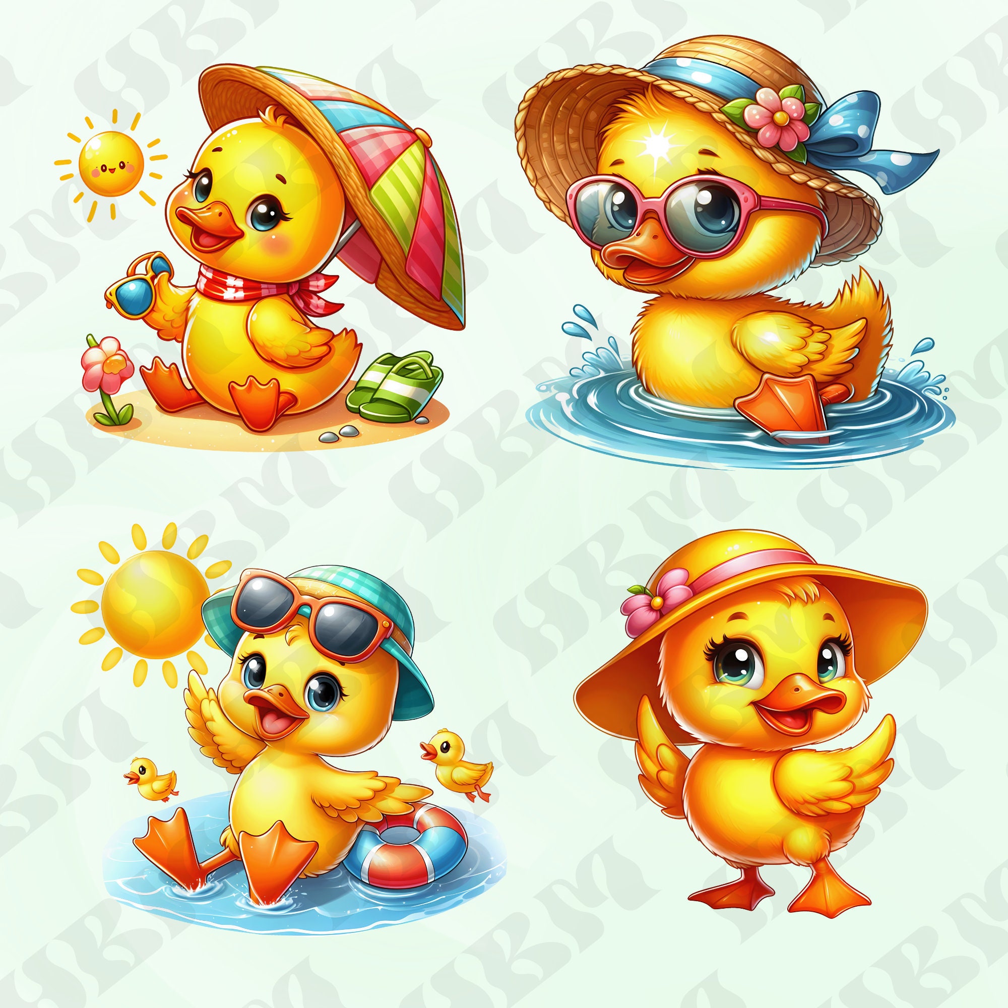Summer Yellow Ducks Cartoon Clipart Bundle, Cute Bird Stickers ...