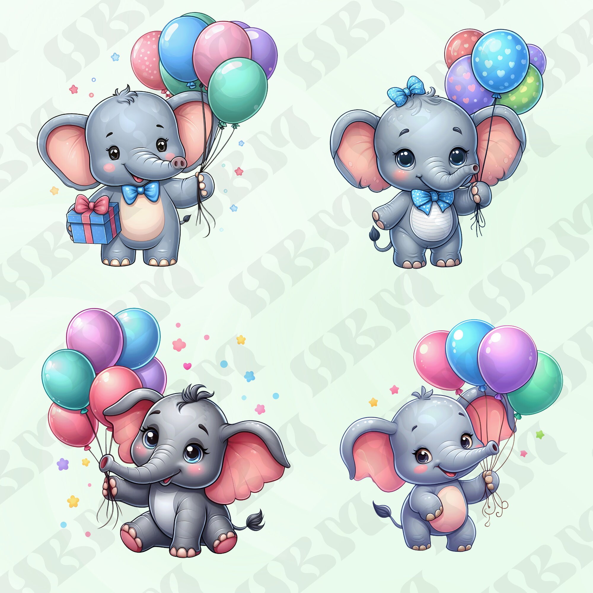 24 Cute Party Elephant Clipart Bundle, Cartoon Balloon Stickers ...