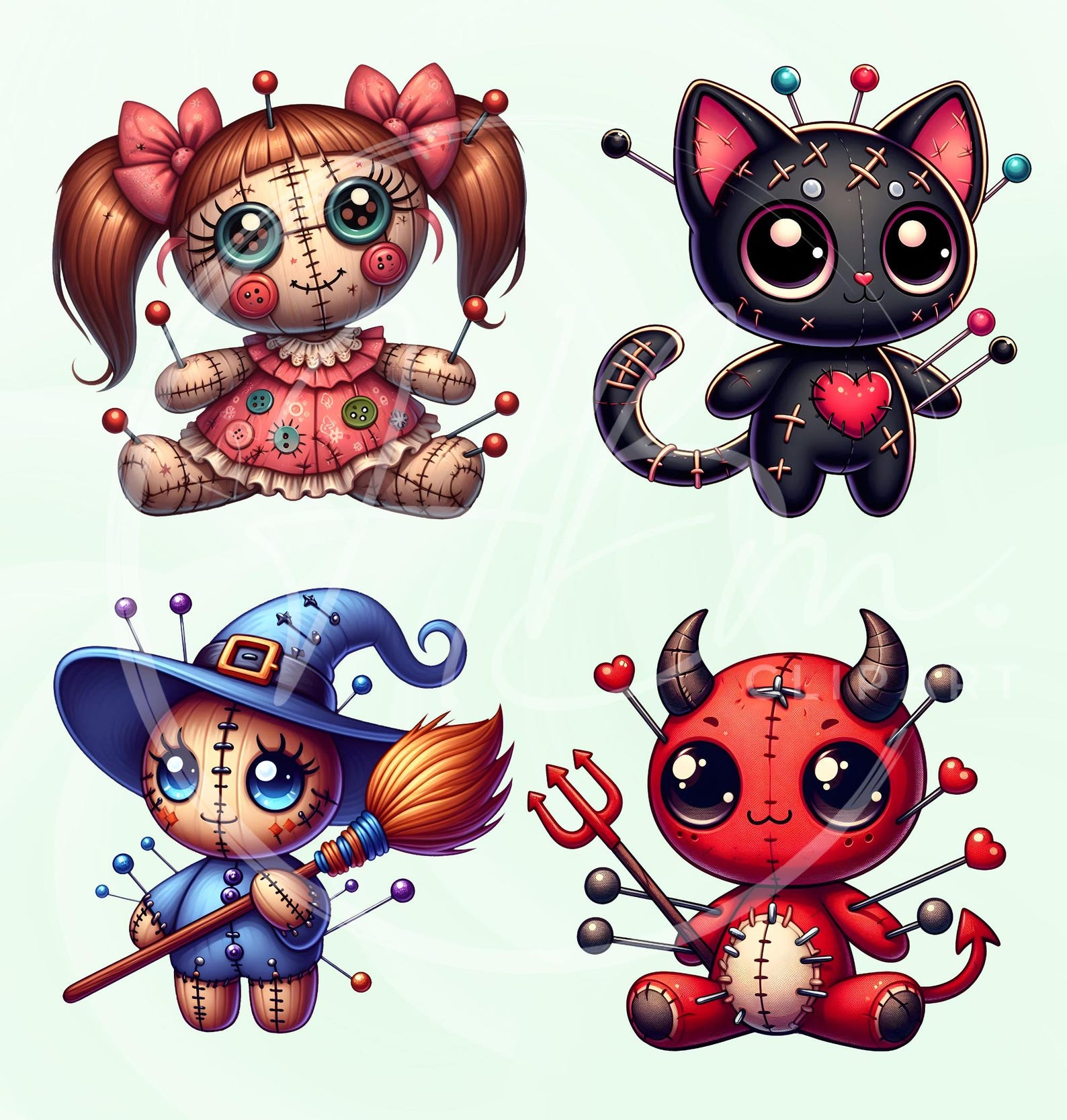 Cute Kawaii Voodoo Doll Clipart Bundle, Colorful Halloween PNG ...