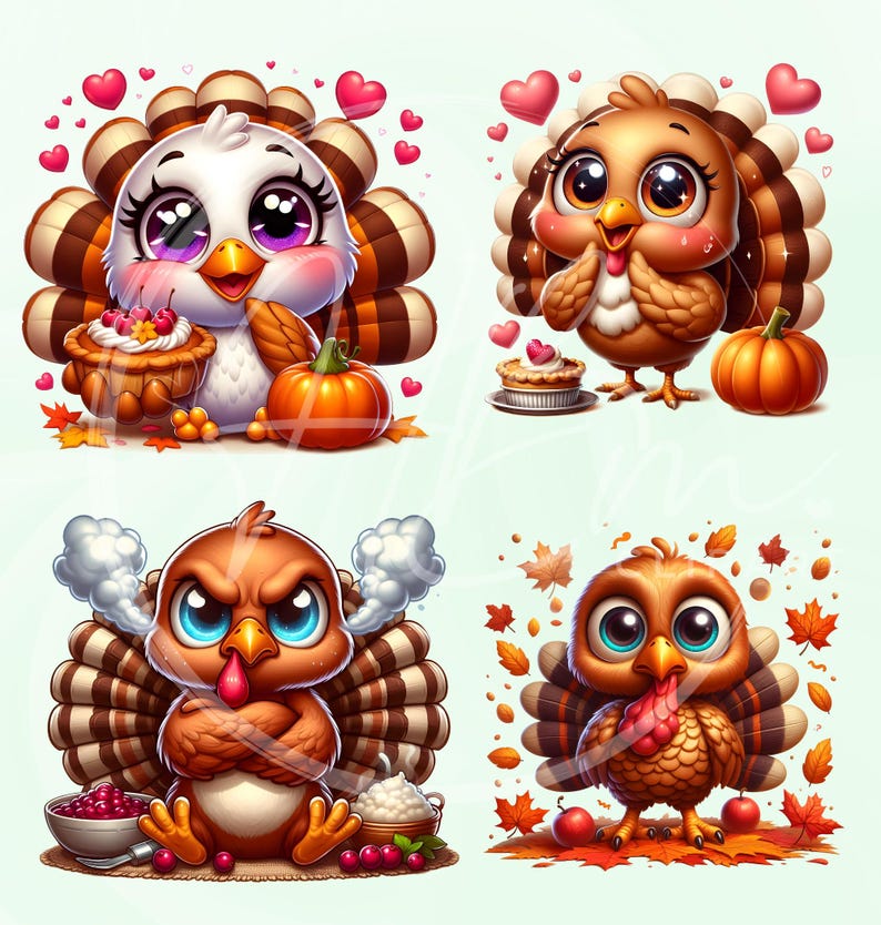 Hilarious Cartoon Turkeys Clipart Bundle, Cute Fall Thanksgiving ...