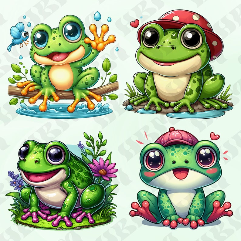 26 Cute Funny Frog Clipart Bundle, Tadpole Stickers, Adorable Baby Wall ...