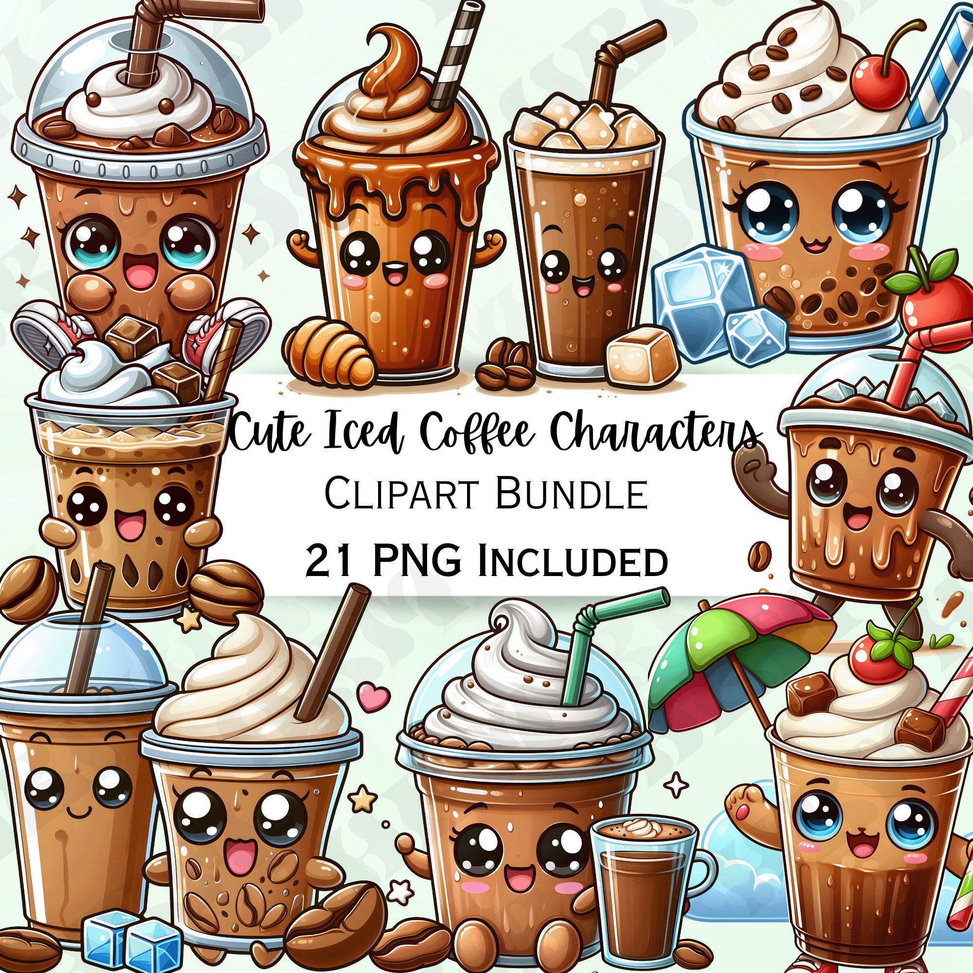 21 Cute Iced Coffee Characters Clipart Bundle, Caffeine Card Making ...