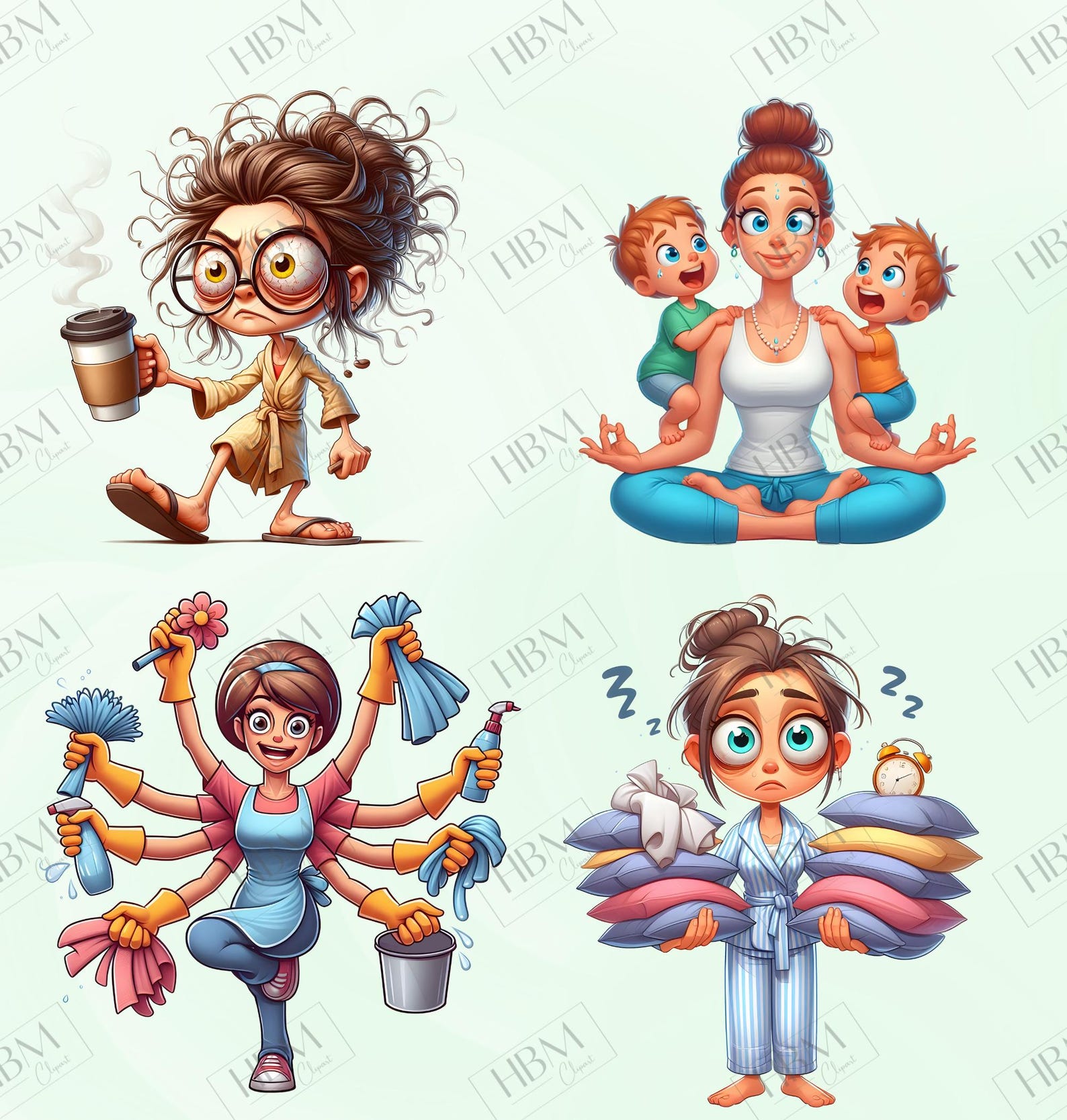 Funny Cartoon Mom Life Chaos Clipart Bundle, Exhausted Quirky Mother ...