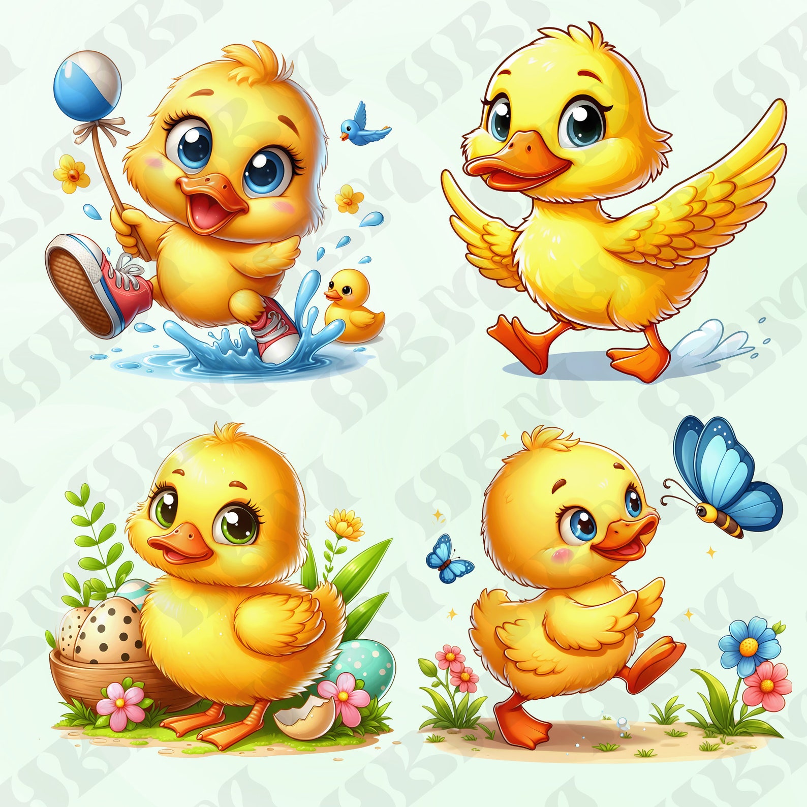 Cute Yellow Ducks Cartoon Clipart Bundle, Bird Stickers, Adorable Baby ...