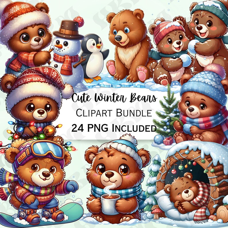 Cute Cartoon Winter Bears Clipart Bundle, Snow Nursery Decor, Cozy Baby ...