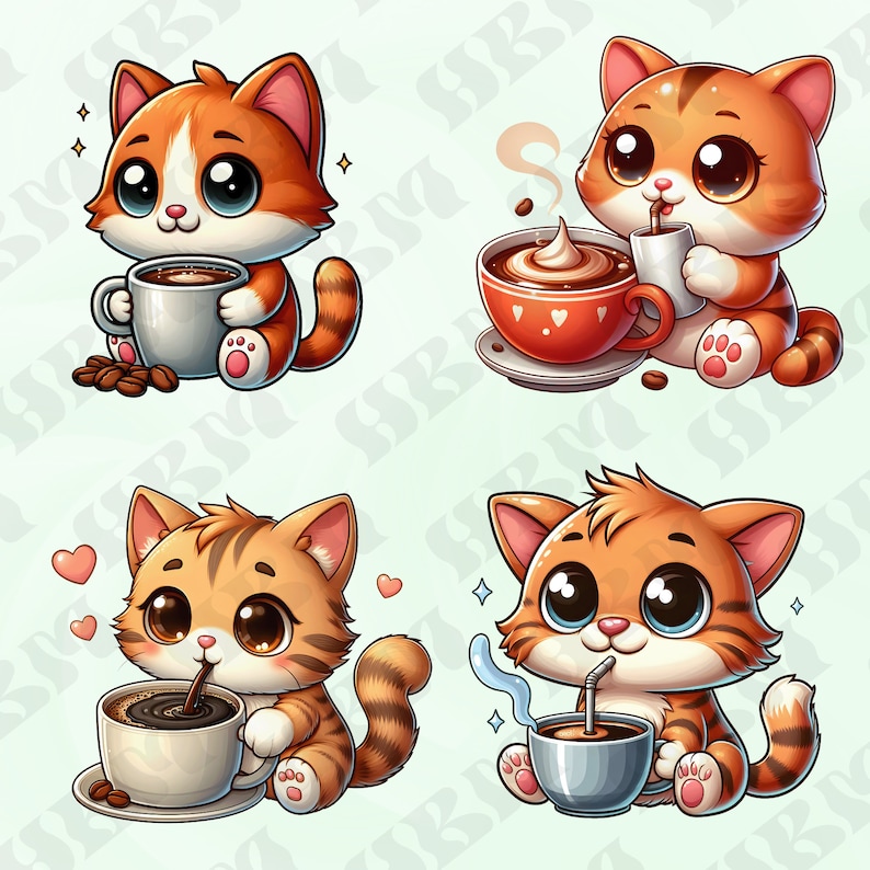 24 Cute Cartoon Cats Drinking Coffee Clipart Bundle, Kitten Stickers ...