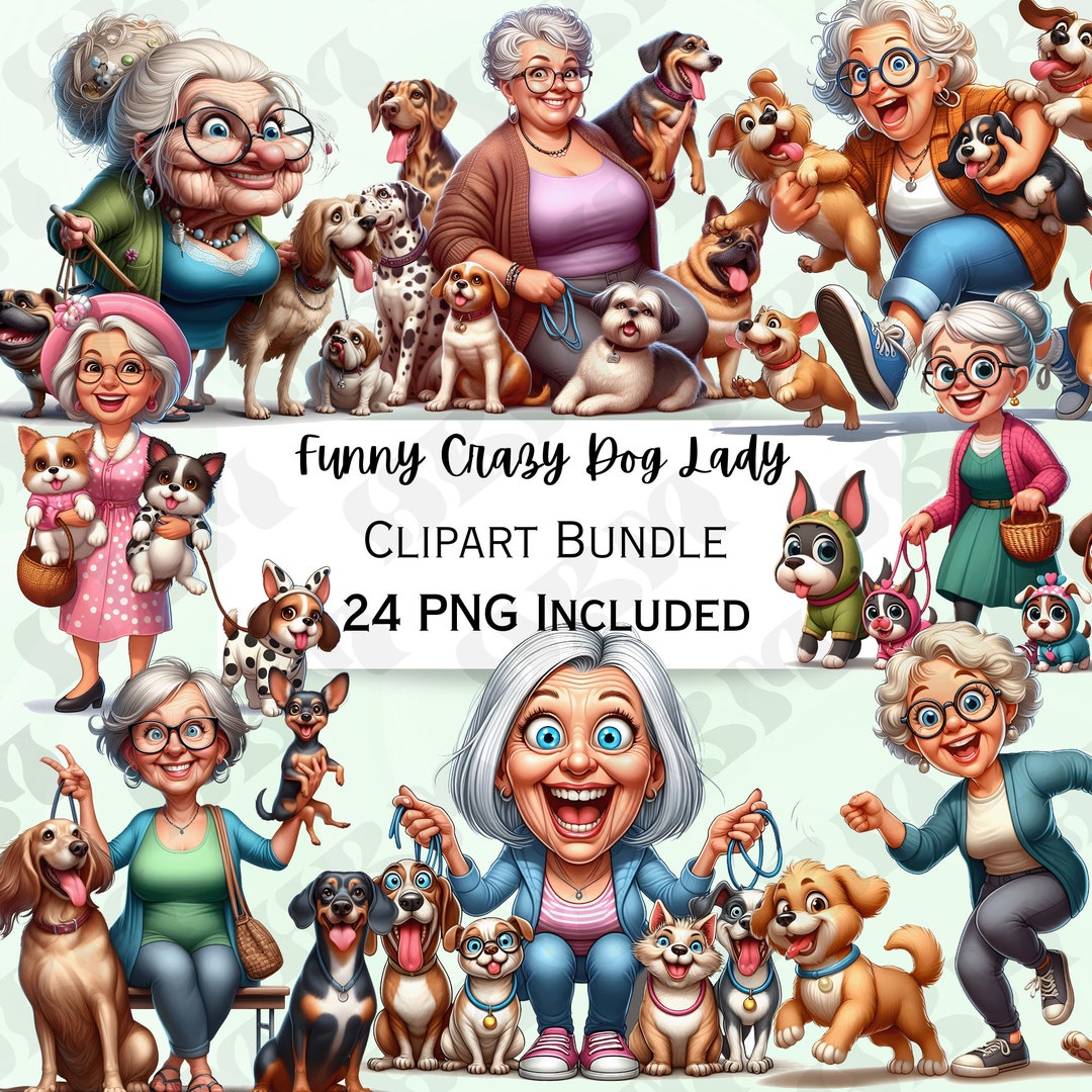 Funny Crazy Dog Lady Clipart Bundle, Witty Stickers, Whimsical Cartoon ...