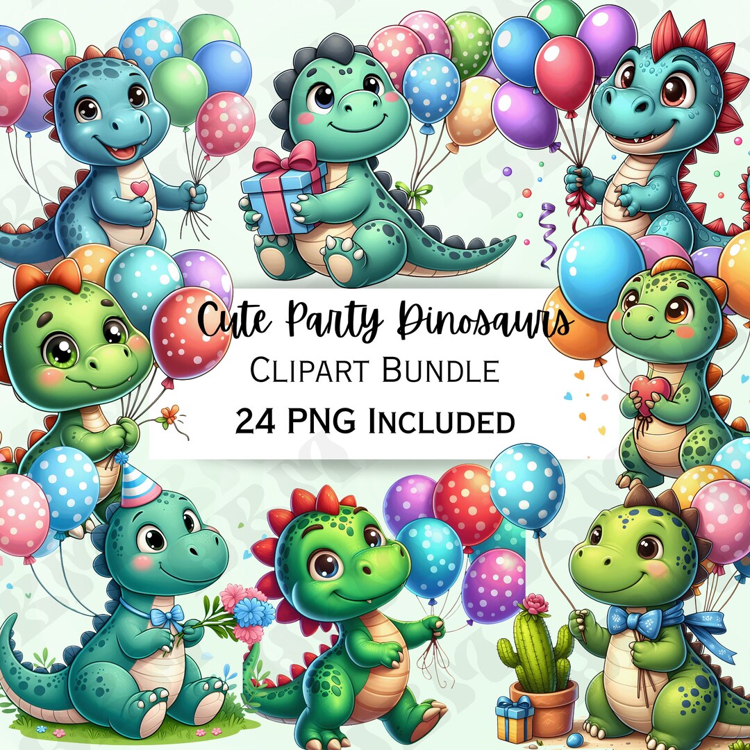 24 Cute Party Dinosaurs Clipart Bundle, Cartoon Balloon Sticker ...