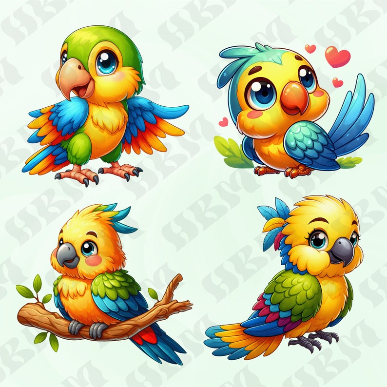 24 Cute Cartoon Parrot Clipart Bundle, Bird Nursery Decor, Colorful PNG ...