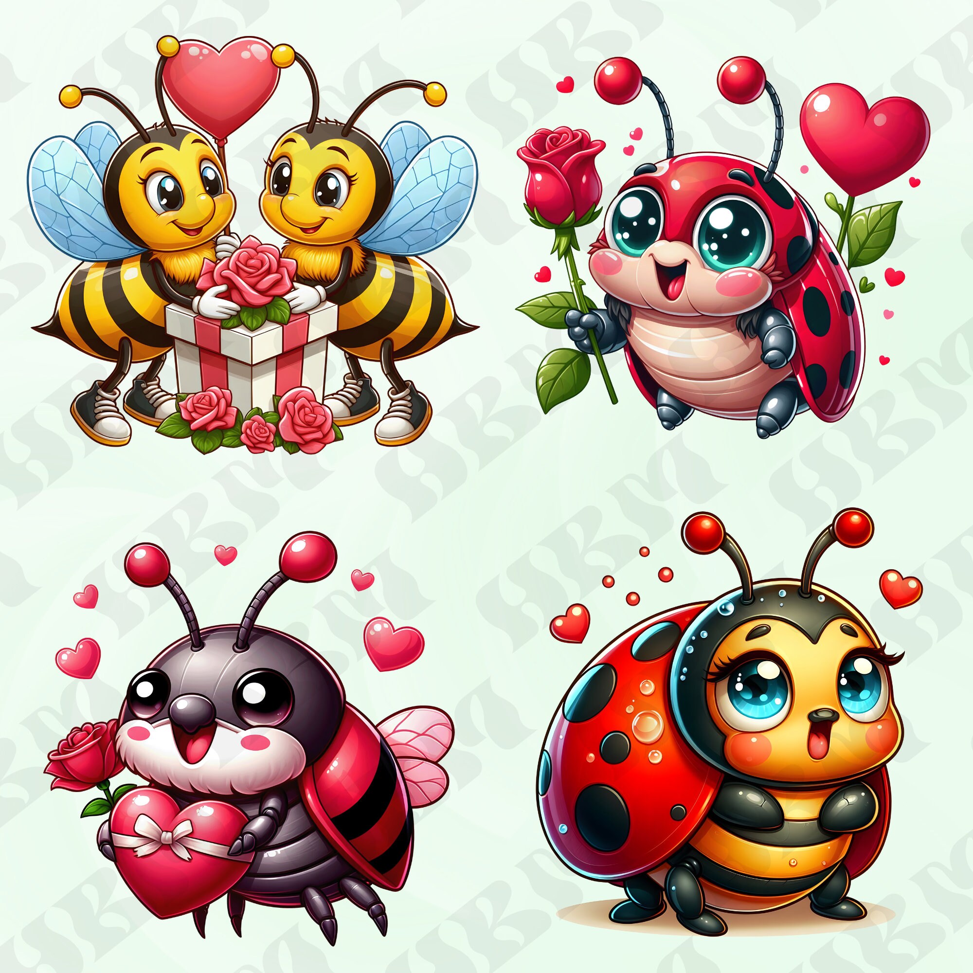 25 Cute Valentines Day Insects Clipart Bundle, Bee Cat Stickers ...
