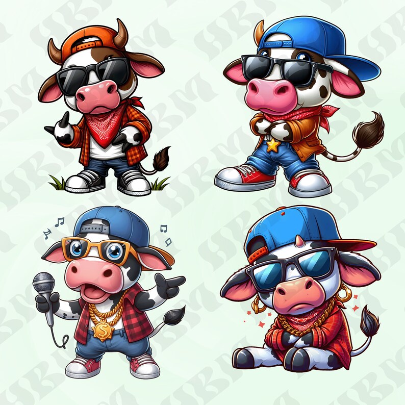 Cute Cartoon Gangsta Cows Clipart Bundle, Funny Attitude Sticker ...