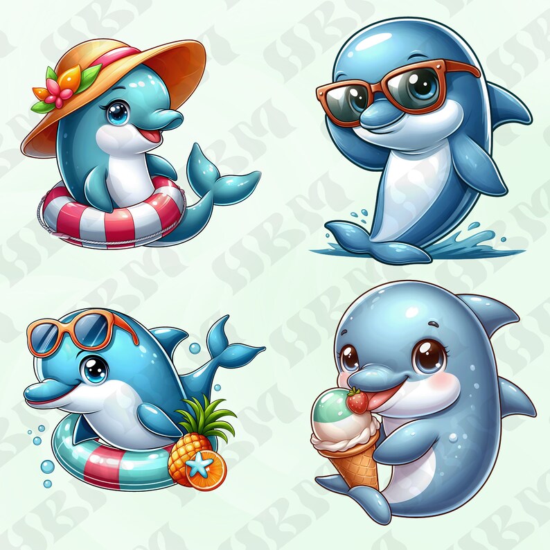 Cute Cartoon Summer Dolphin Clipart Bundle, Surf Nursery Decor, Beach ...