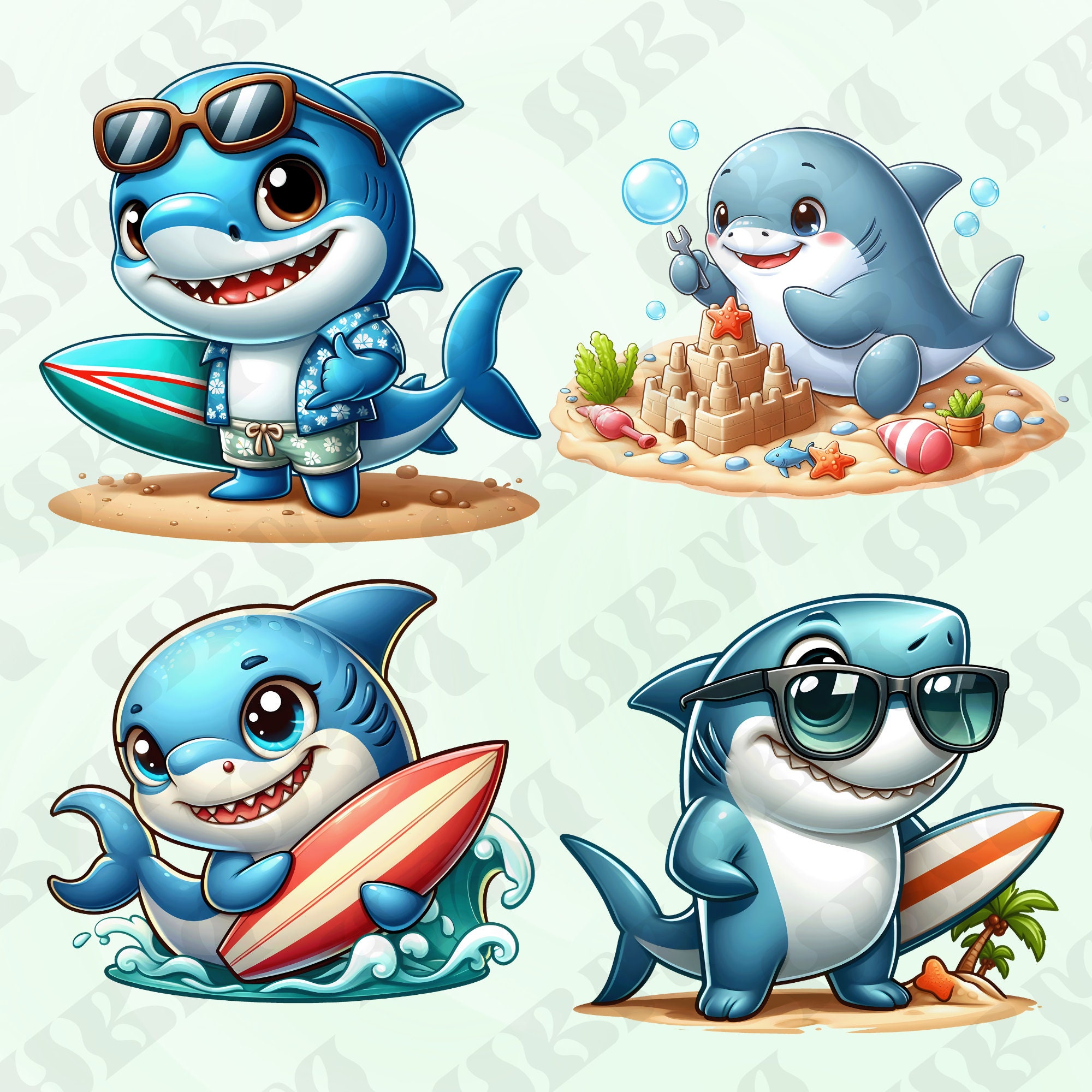 Cute Cartoon Summer Shark Clipart Bundle, Surf Nursery Decor, Beach ...