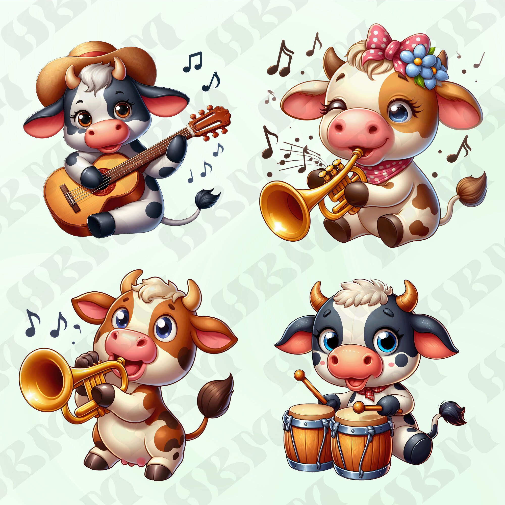 24 Cute Cartoon Cows Playing Instruments Clipart Bundle, Bull Stickers ...