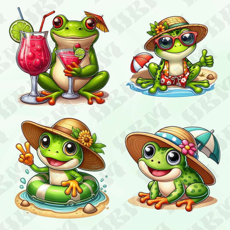 24 Cute Cartoon Summer Frog Clipart Bundle, Surf Nursery Decor, Beach ...