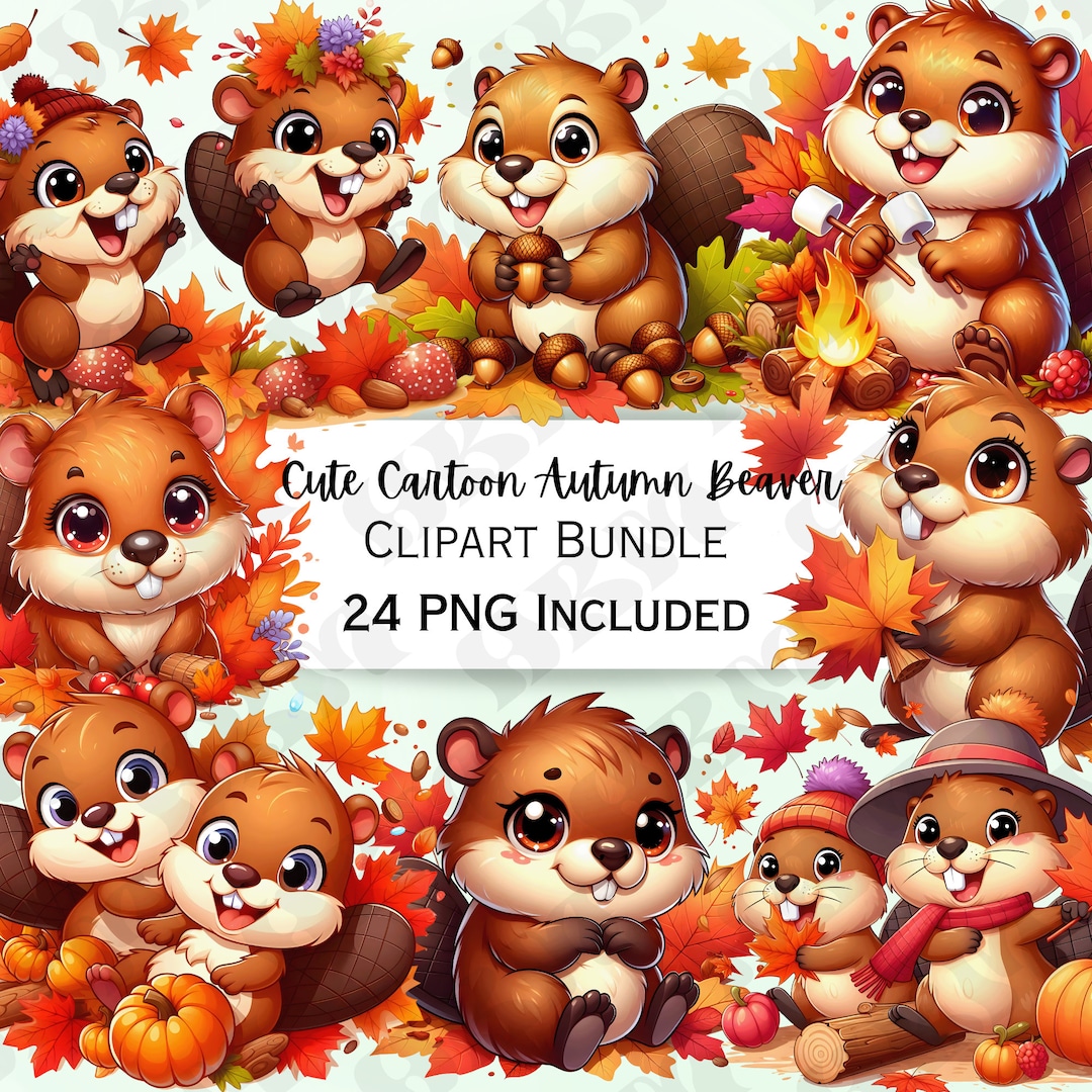 Cute Cartoon Autumn Beaver's Clipart Bundle, Fall Nursery Decor, Leaves ...