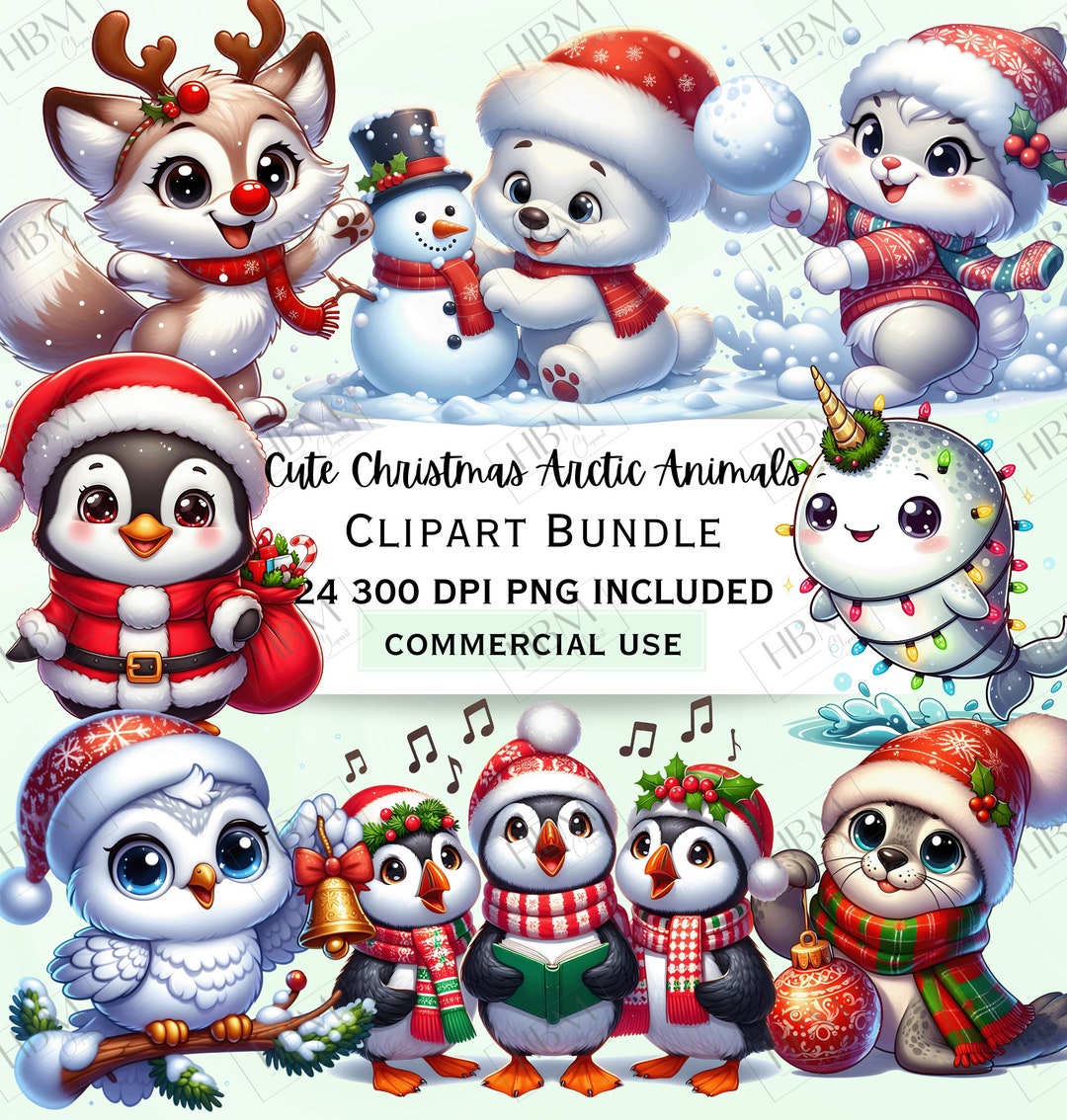 Cute Christmas Arctic Animals Clipart Bundle, Festive Cartoon Baby Snow ...