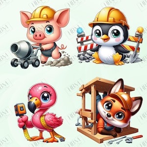 Cute Cartoon Construction Animals Clipart Bundle, Whimsical Builder ...