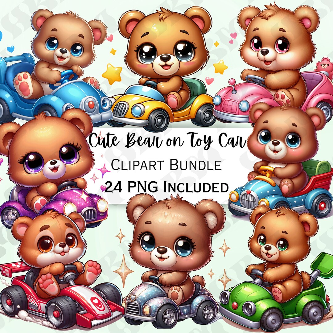 Cute Cartoon Bears on Toy Car Clipart Bundle, Teddy Nursery Decor ...