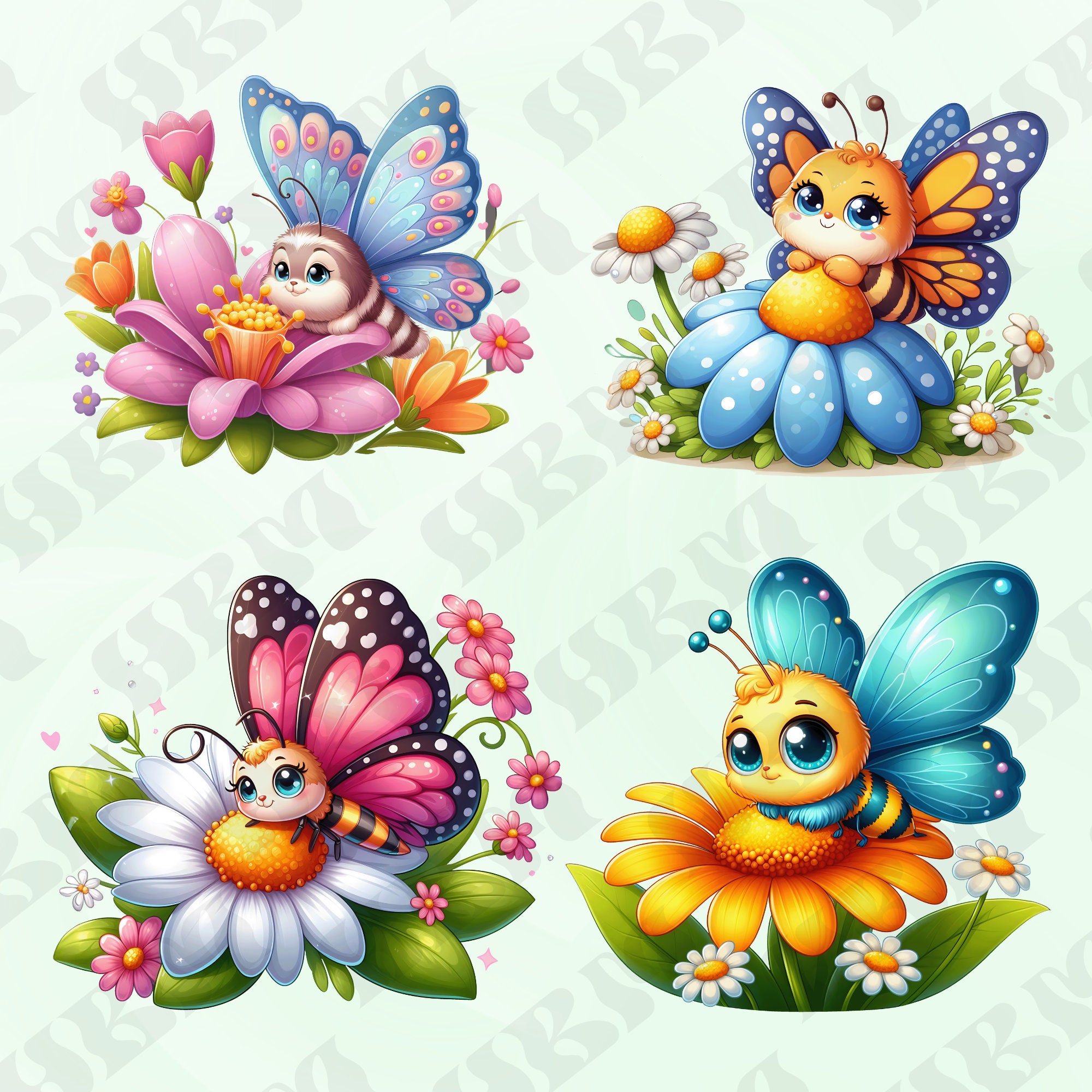 24 Cute Cartoon Spring Butterfly Clipart Bundle, Daisies Nursery Decor ...