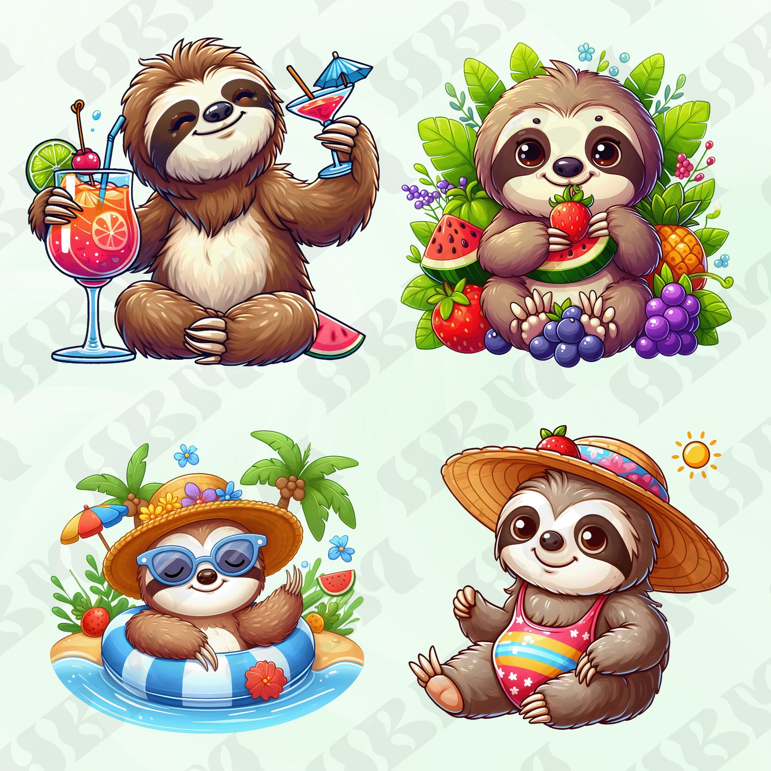 Cute Cartoon Summer Sloth Clipart Bundle, Surf Nursery Decor, Beach ...