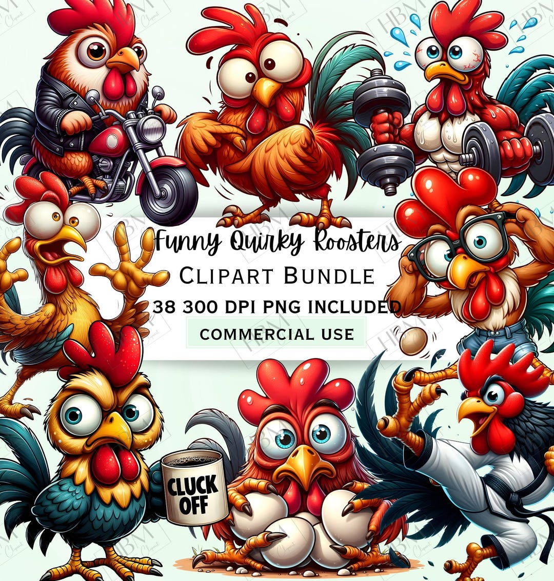 Funny Rooster Clipart Bundle, Cartoon Chicken PNG, Quirky Farm Animal ...