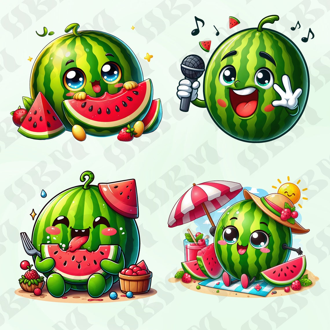 Cute Cartoon Watermelon Clipart Bundle, Tropical Fruit Sticker ...