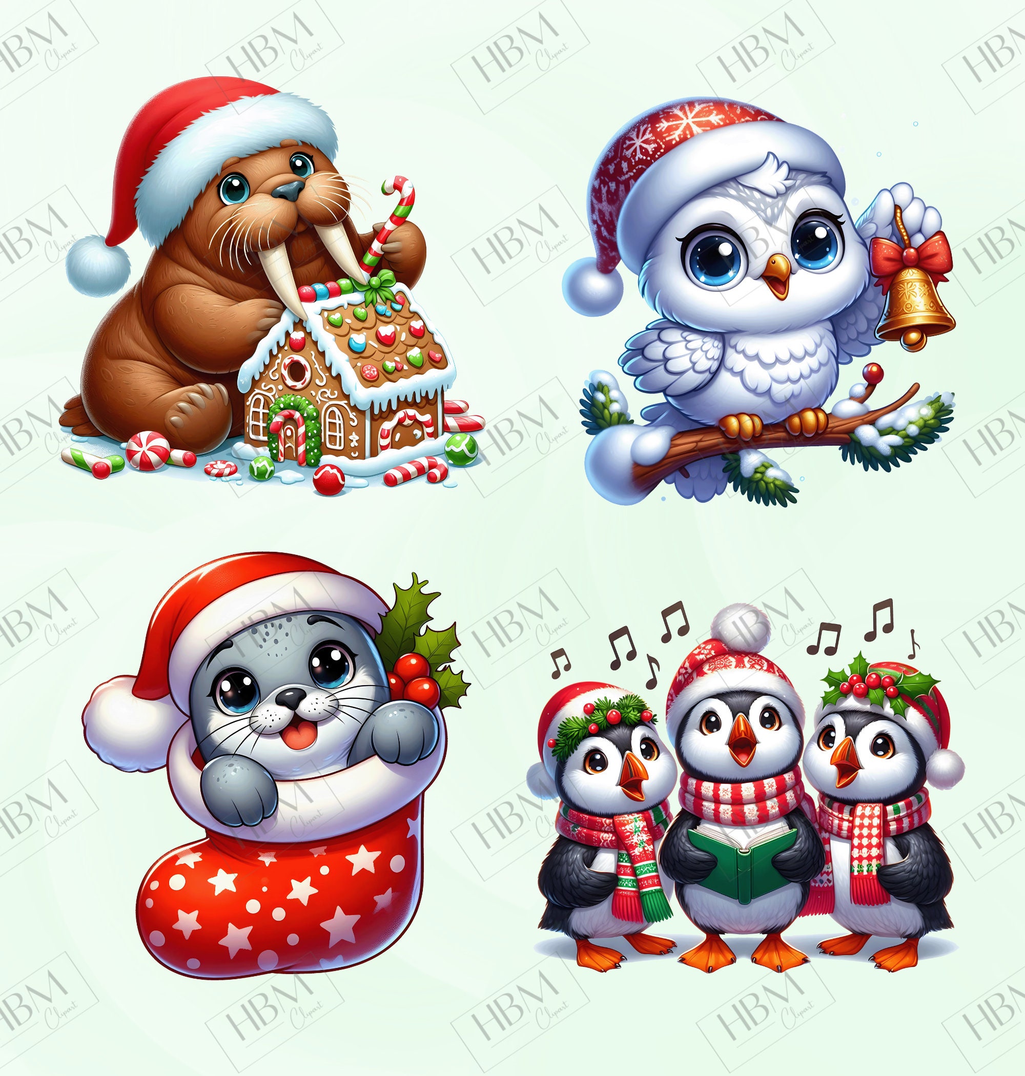 Cute Christmas Arctic Animals Clipart Bundle, Festive Cartoon Baby Snow ...