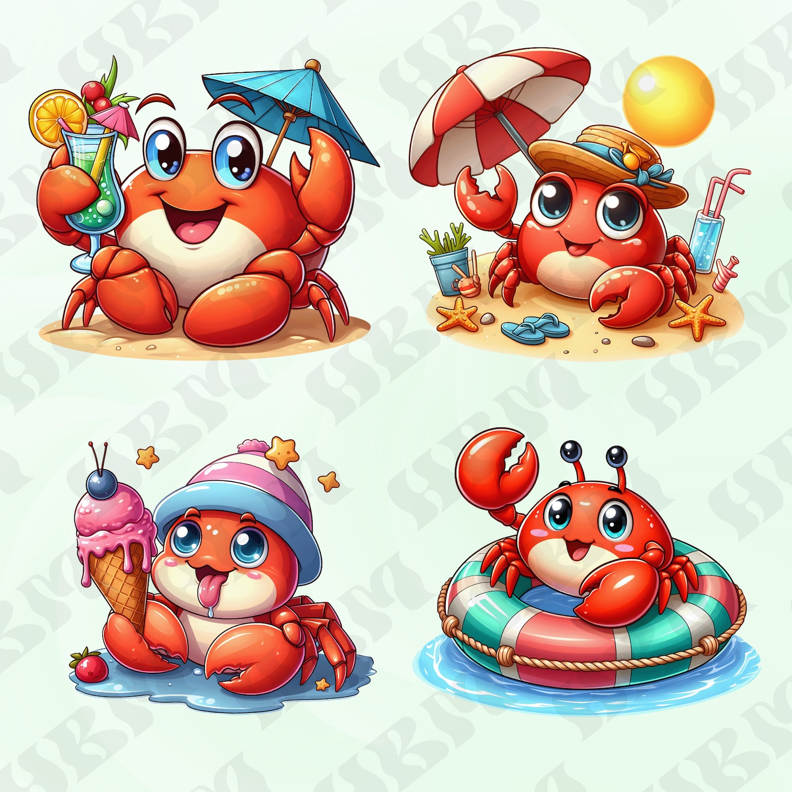 Cute Cartoon Summer Crabs Clipart Bundle, Surf Nursery Decor, Beach ...