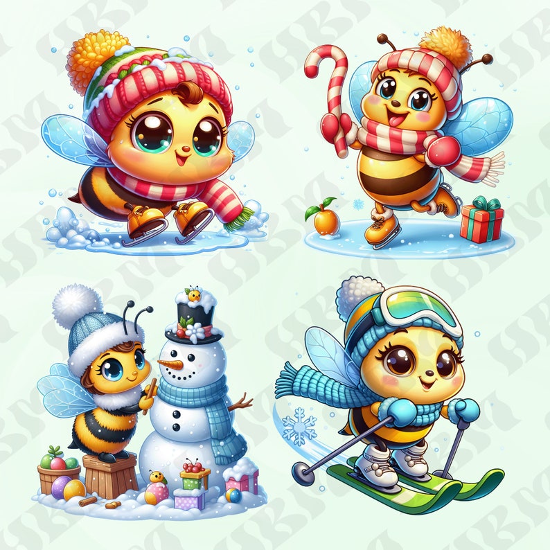 Cute Cartoon Winter Bees Clipart Bundle, Snow Nursery Decor, Cozy Baby ...
