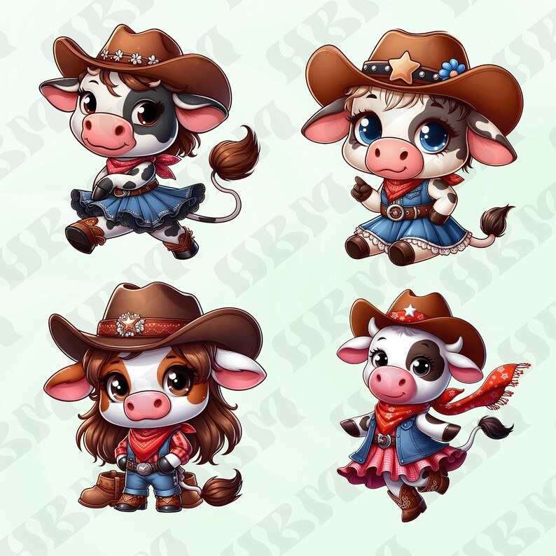 Cute Cartoon Western Cows Clipart Bundle, Funny Cowboy Sticker ...