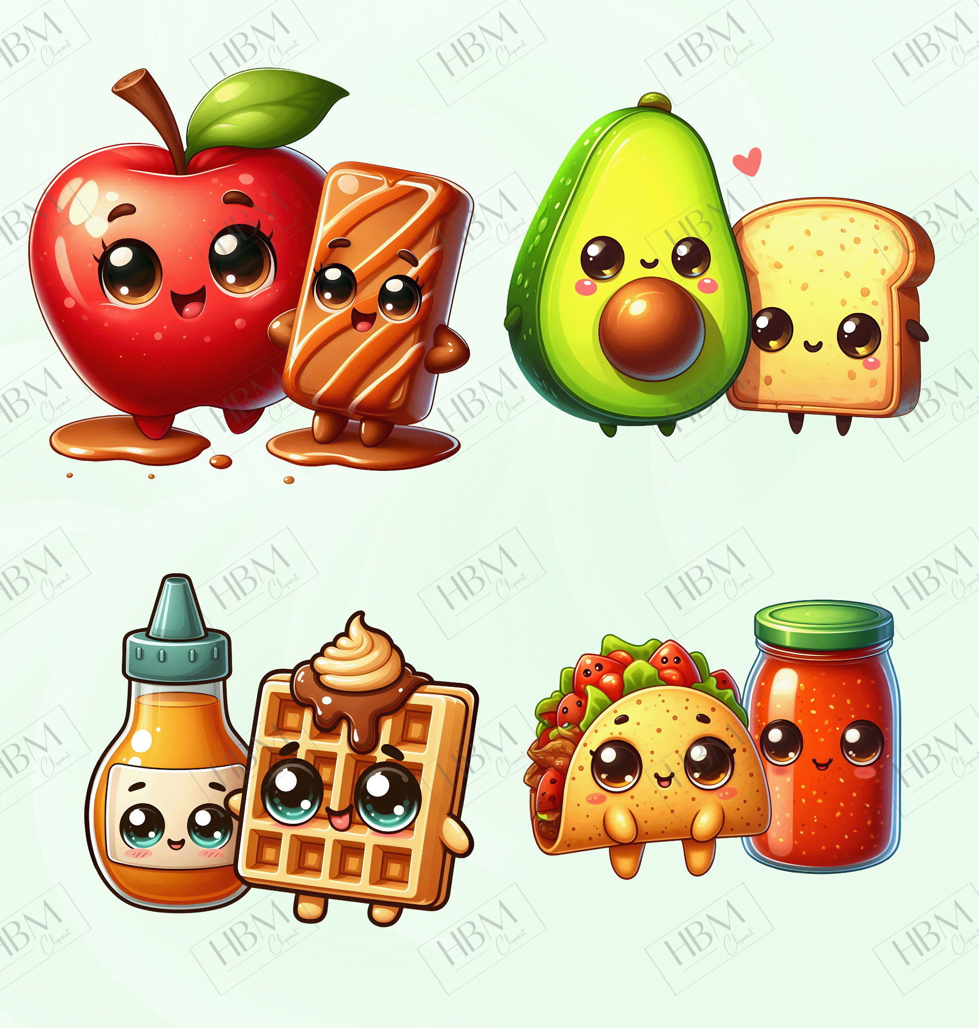Cute Cartoon Food Pairs Clipart Bundle, Kawaii Fruit Sticker, Adorable ...