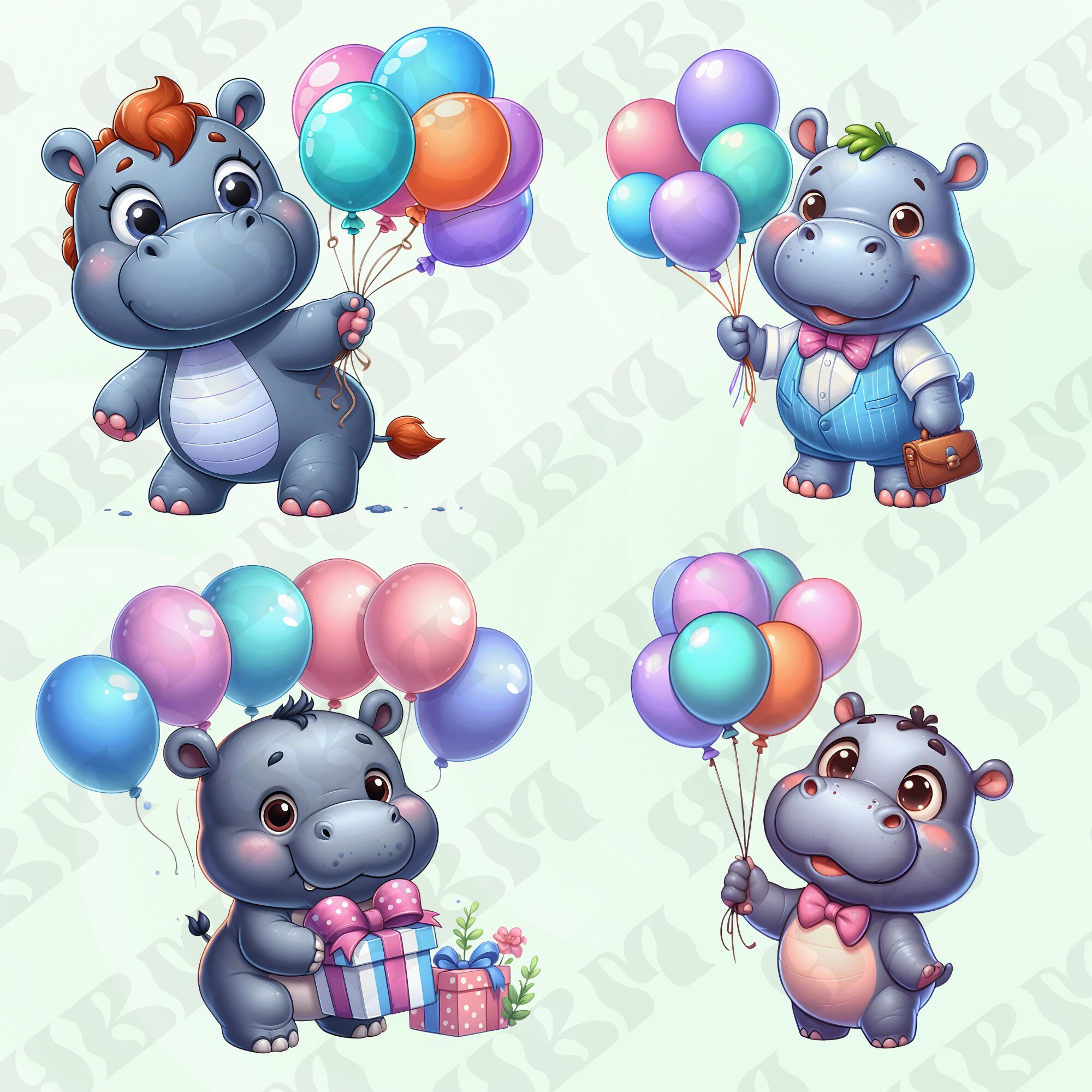 24 Cute Party Hippo Clipart Bundle, Cartoon Balloon Sticker, Adorable ...
