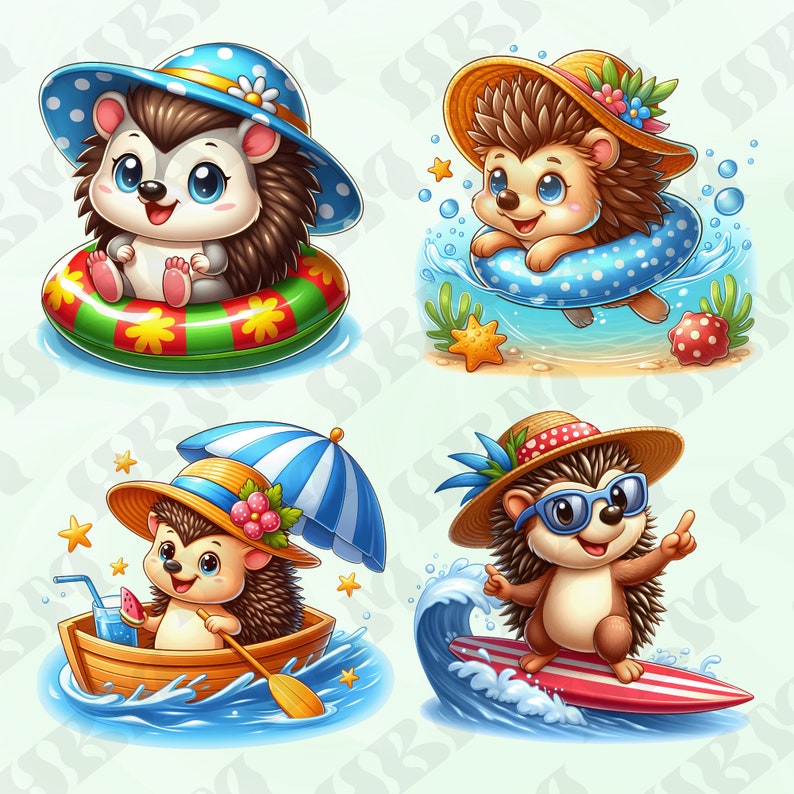 Cute Cartoon Hedgehogs Summer Clipart Bundle, Surf Nursery Decor, Beach ...