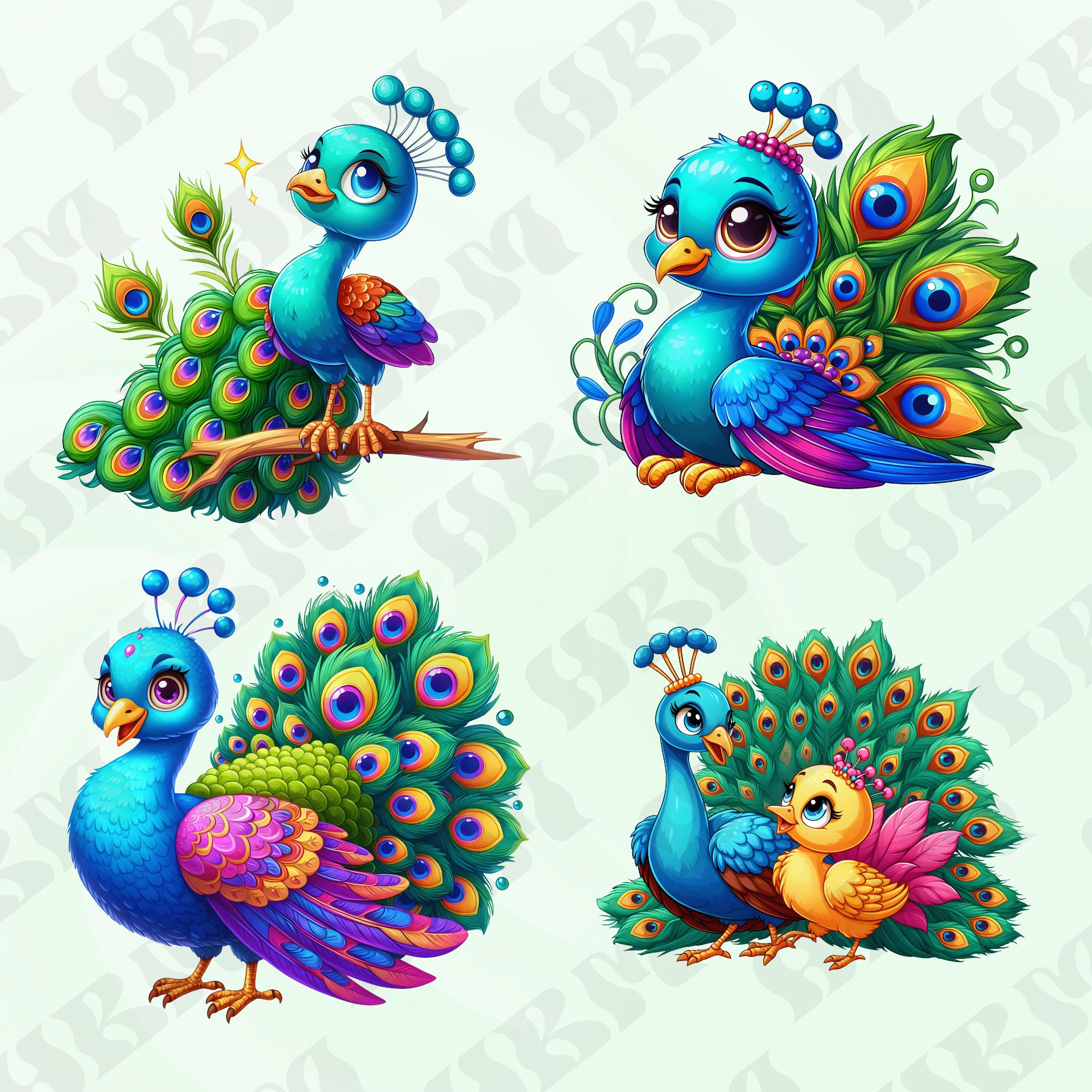 Cute Cartoon Peacocks Clipart Bundle, Wildlife Stickers, Adorable Baby ...