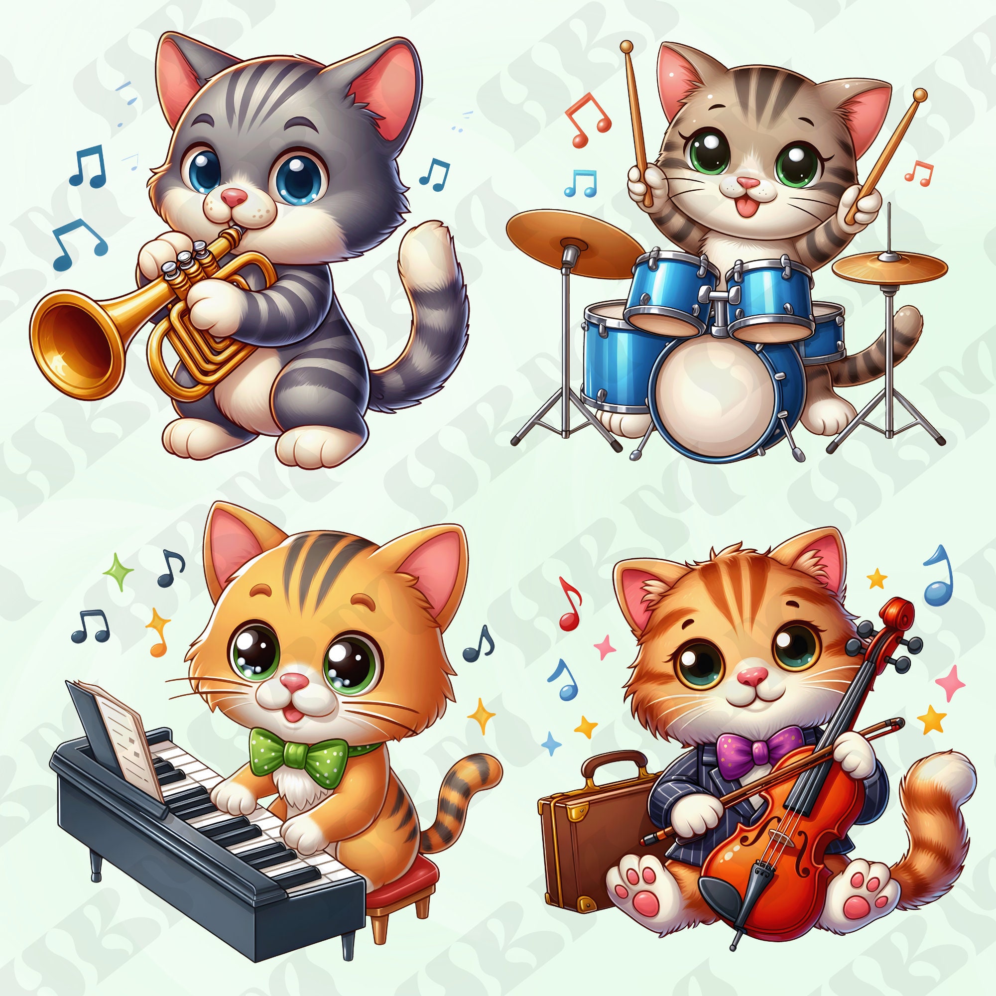24 Cute Cartoon Cats Playing Instruments Clipart Bundle, Kitten ...