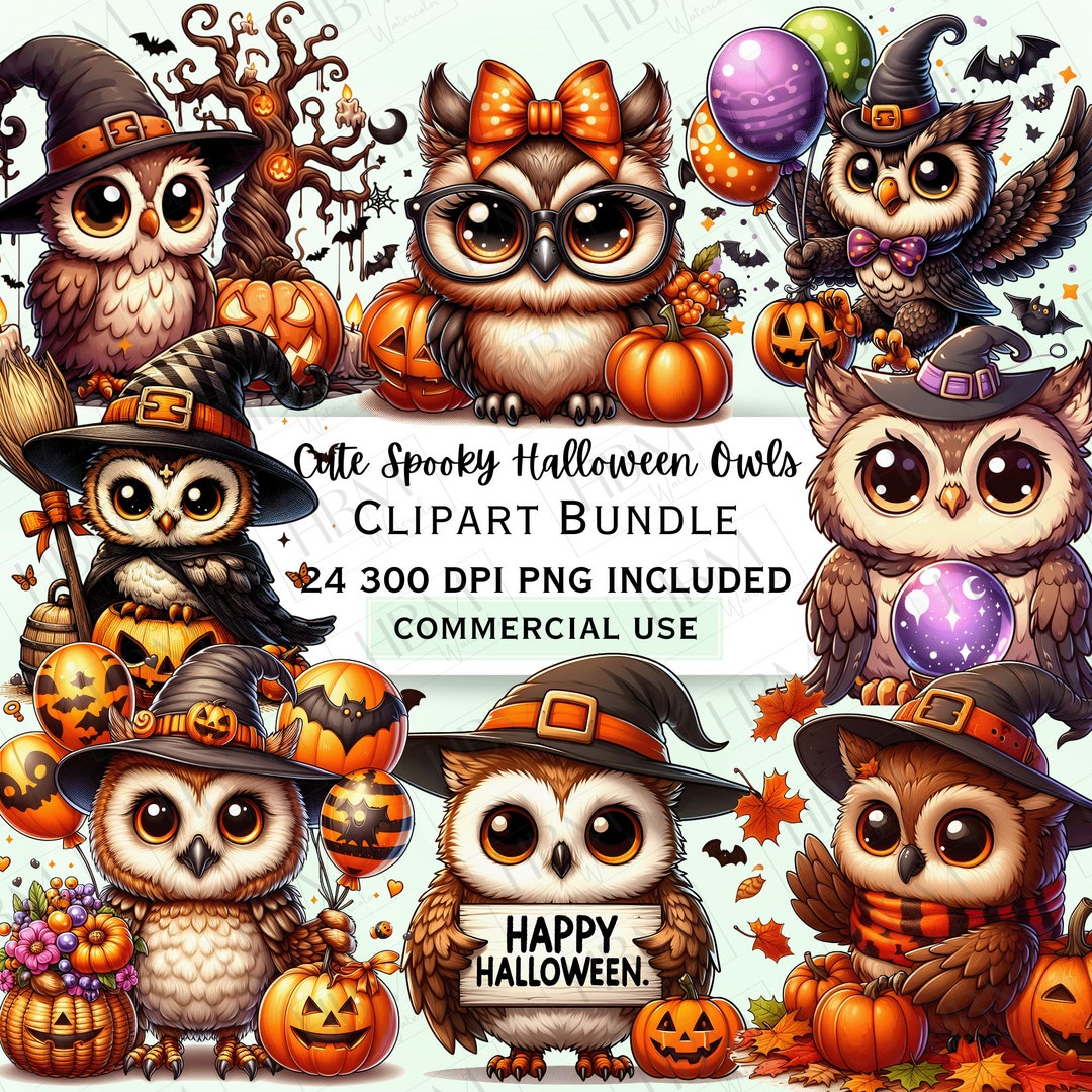 Cute Cartoon Halloween Owls Clipart Bundle, Spooky Bird Stickers, Funny ...