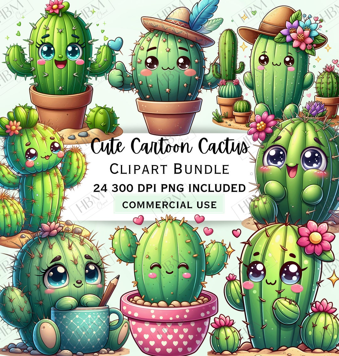 Cute Cartoon Cactus Clipart Bundle, Cacti Card Making, Plant Baby Wall ...