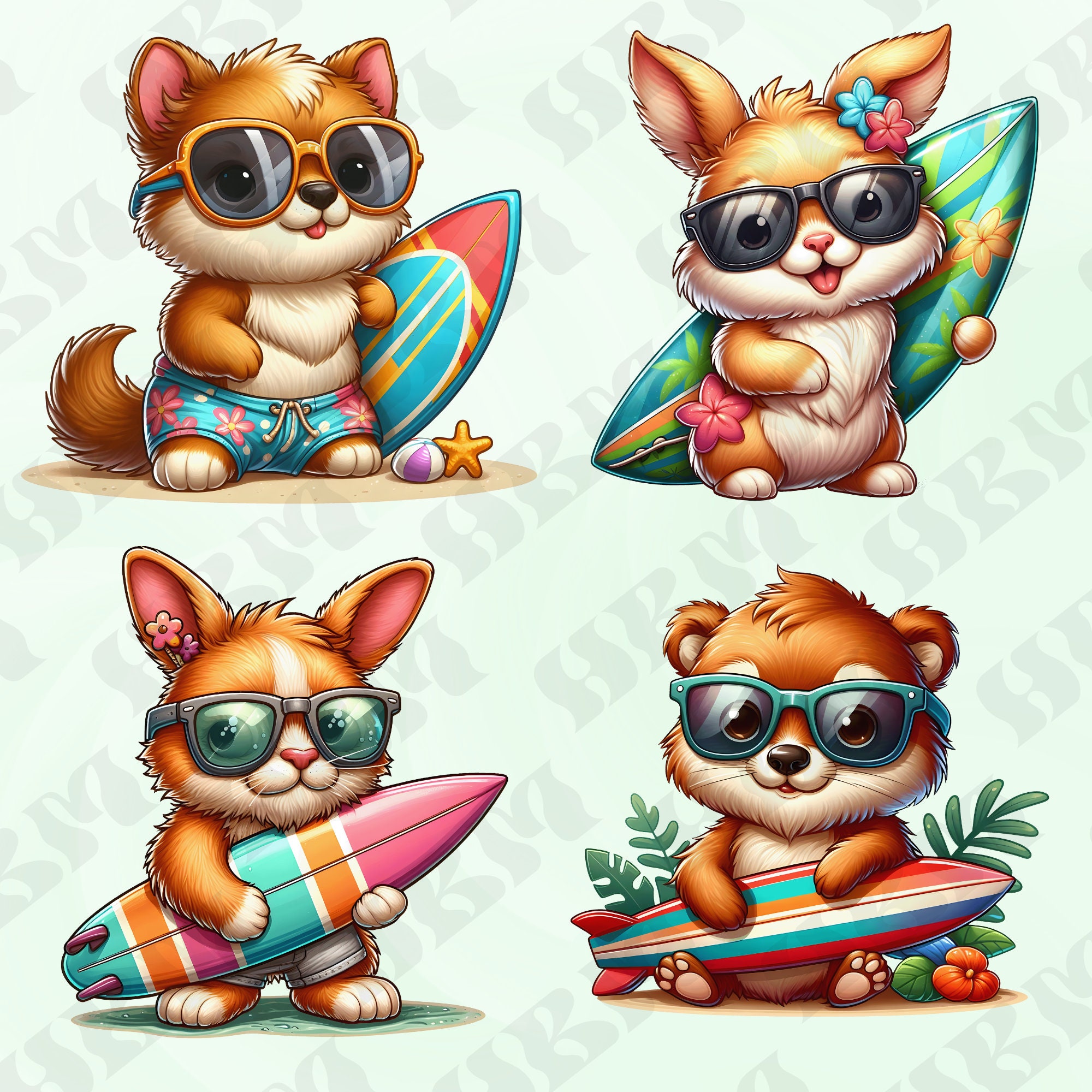 25 Cute Surfer Animals Clipart Bundle, Teddy Nursery Decor, Cat Baby ...