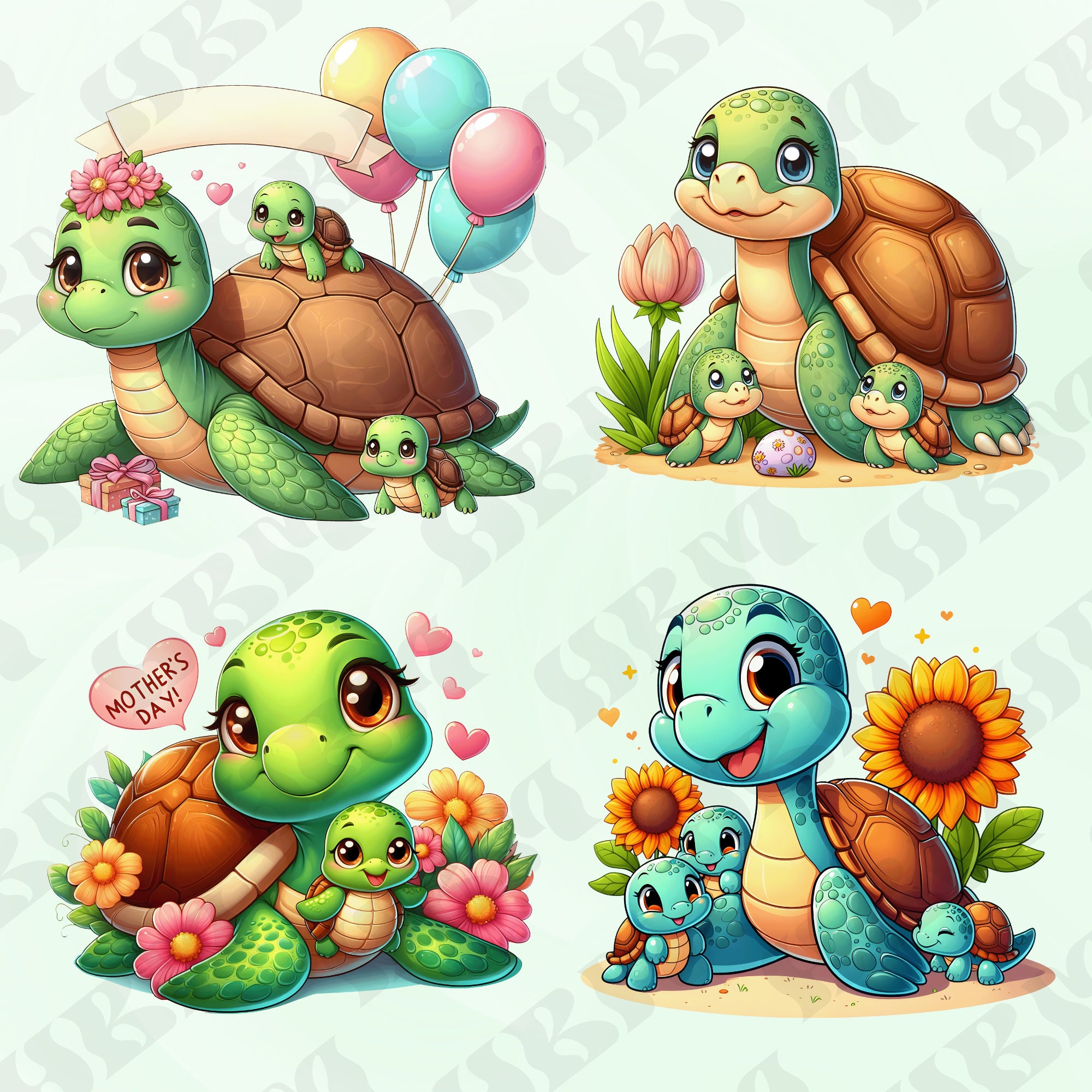 24 Cute Mother's Day Turtle Clipart Bundle, Cartoon Balloon Sticker ...
