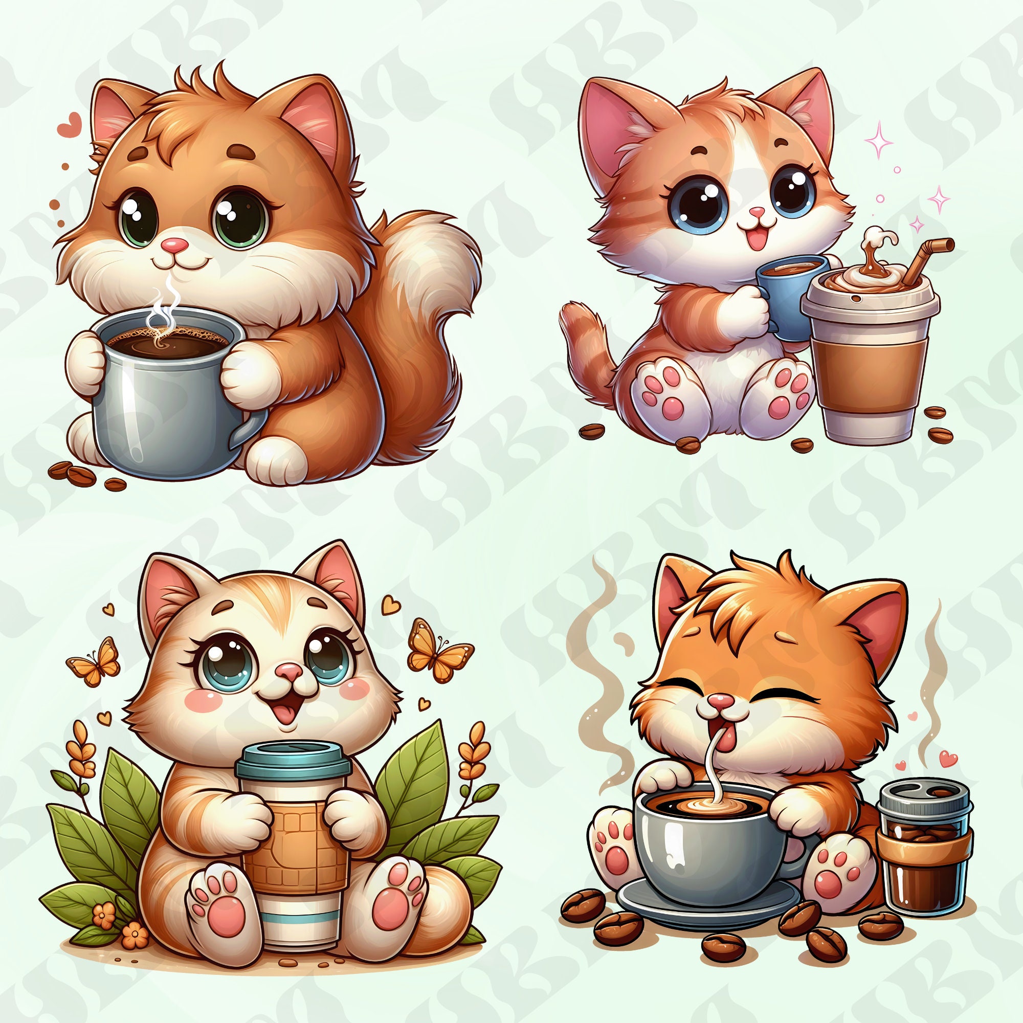 24 Cute Cartoon Cats Drinking Coffee Clipart Bundle, Kitten Stickers ...