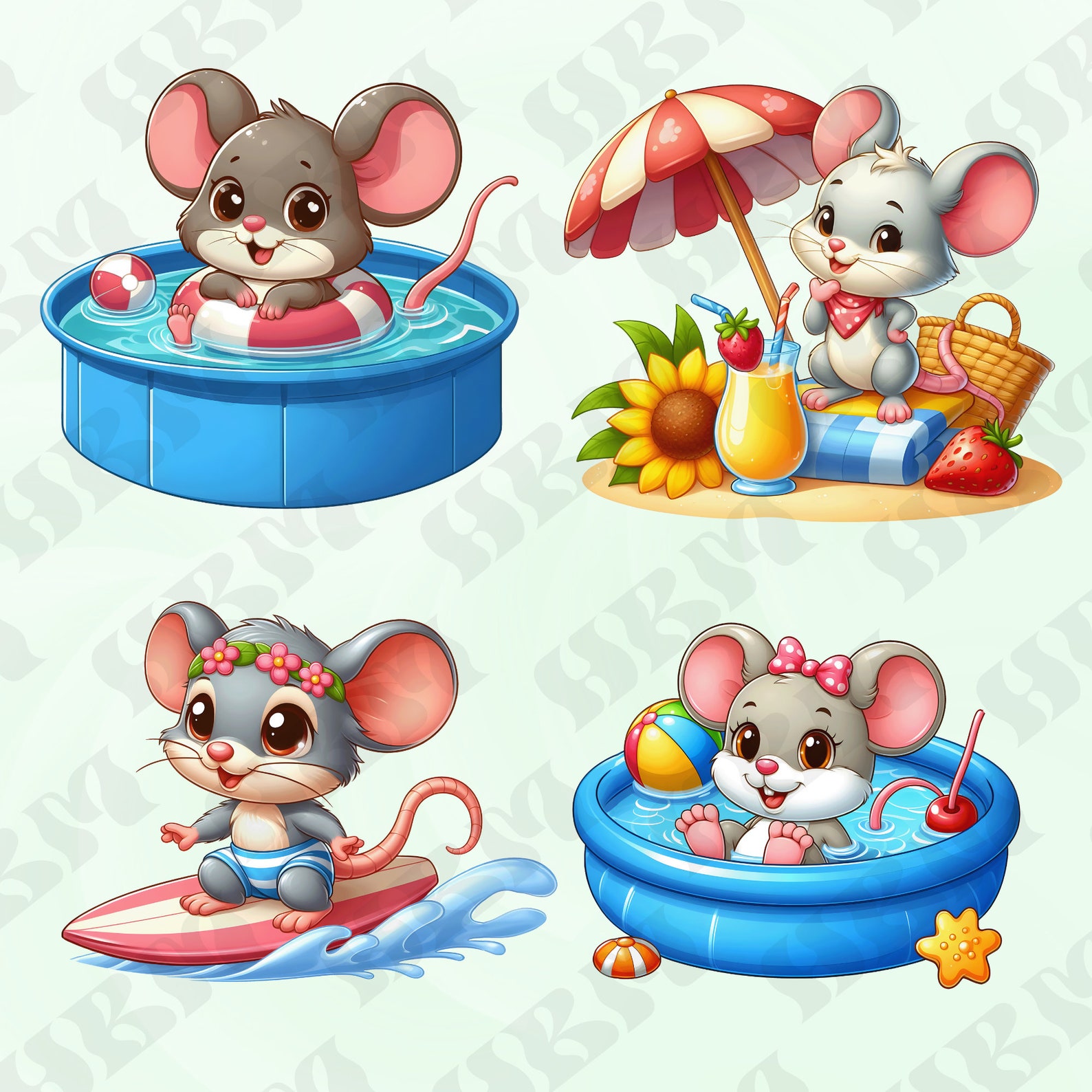 Cute Cartoon Summer Mouse Clipart Bundle, Surf Nursery Decor, Beach ...