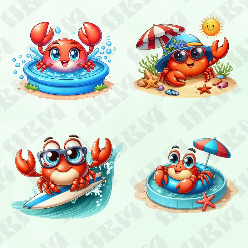 Cute Cartoon Summer Crabs Clipart Bundle, Surf Nursery Decor, Beach ...