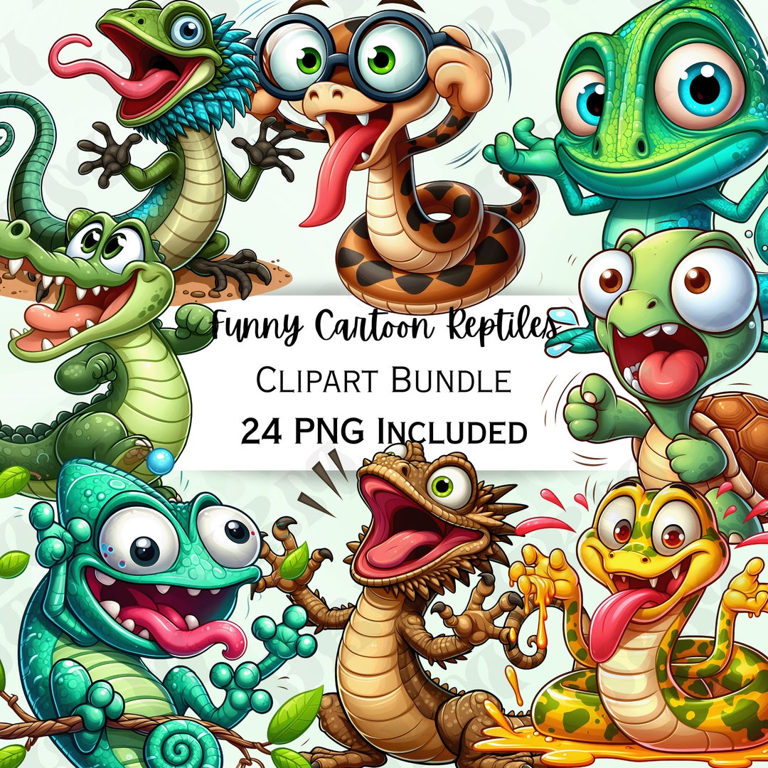 Cute Funny Cartoon Reptiles Clipart Bundle, Bee Sticker, Adorable ...
