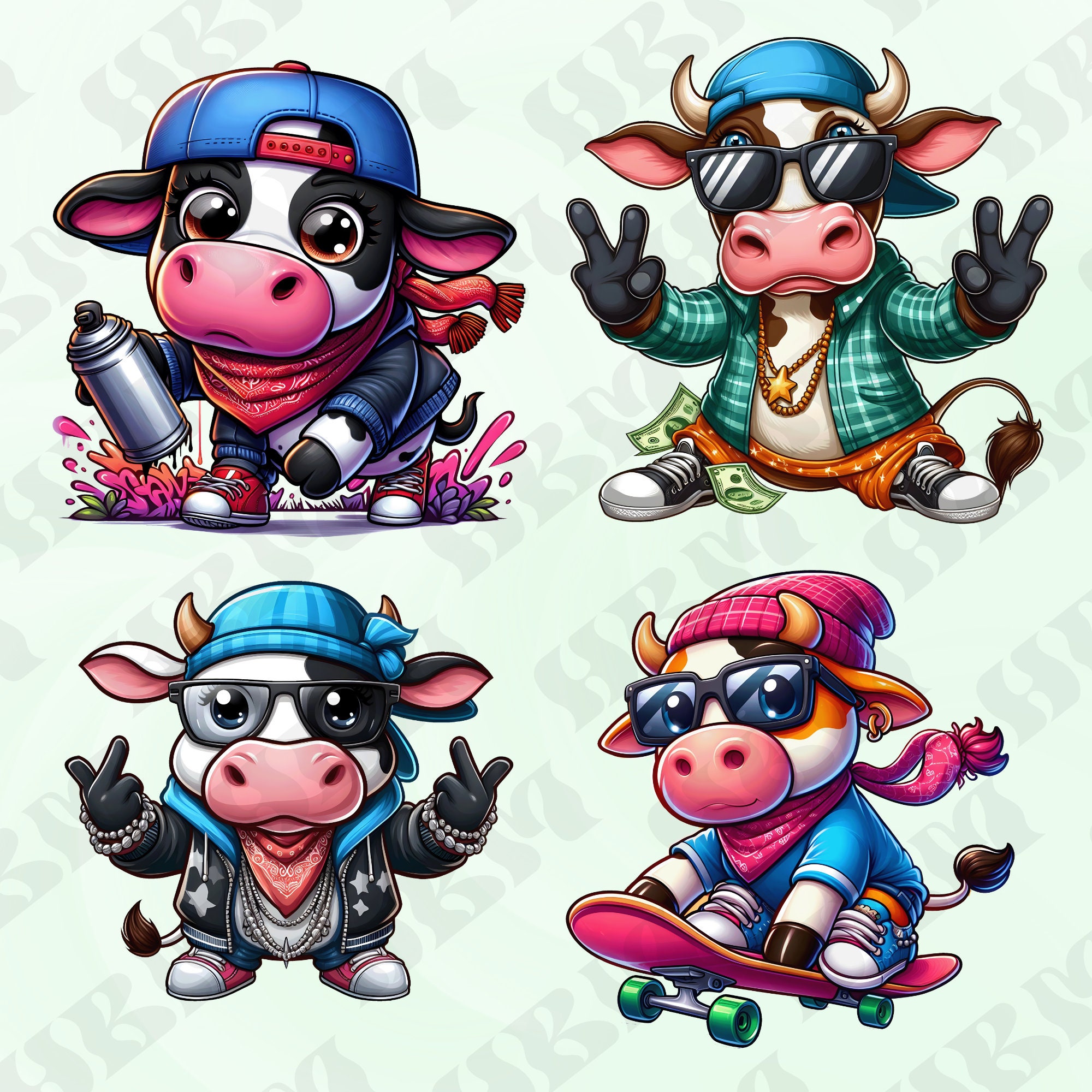 Cute Cartoon Gangsta Cows Clipart Bundle, Funny Attitude Sticker ...