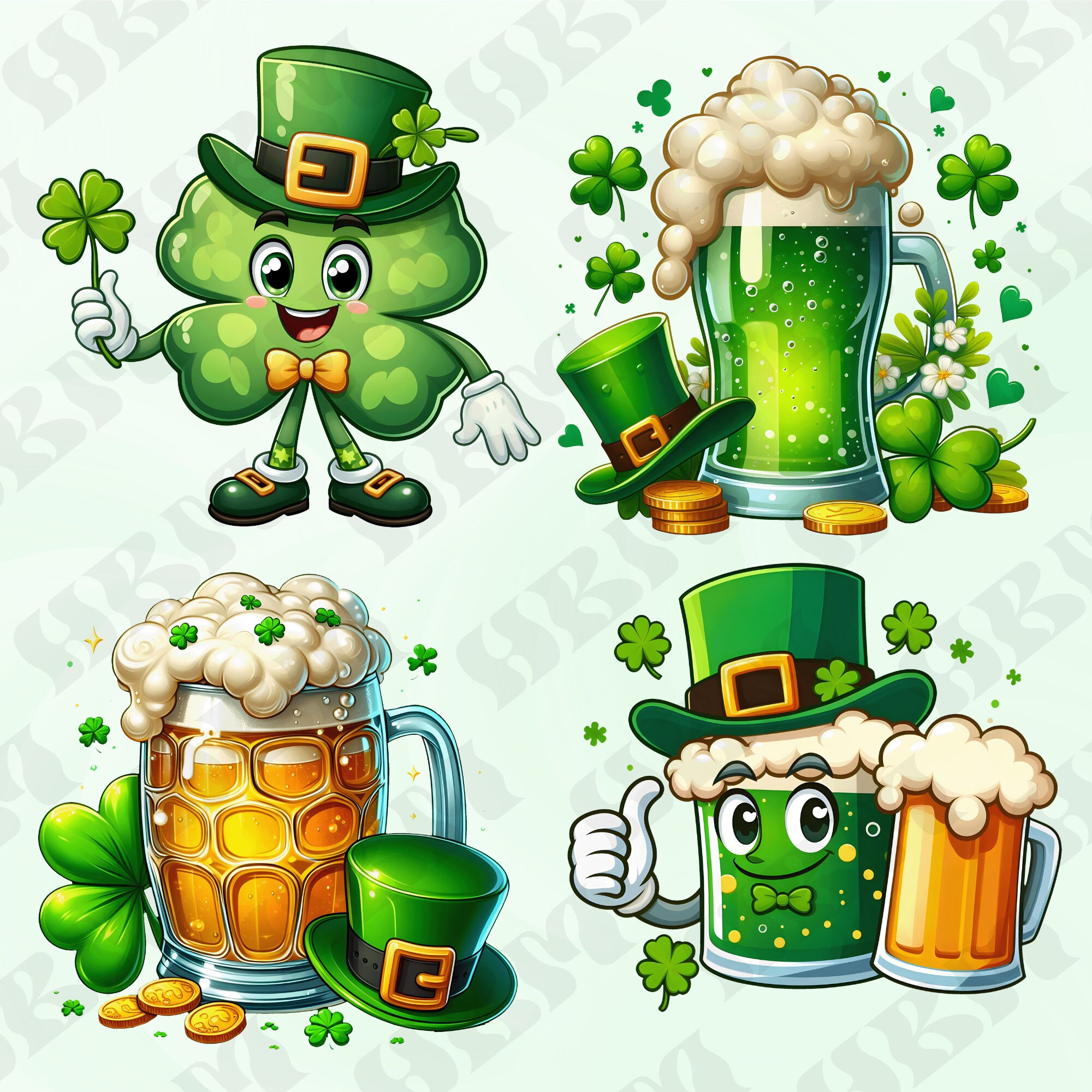 24 St Patrick's Day Cartoon Clipart Bundle, Adorable Four Leaf Clover ...