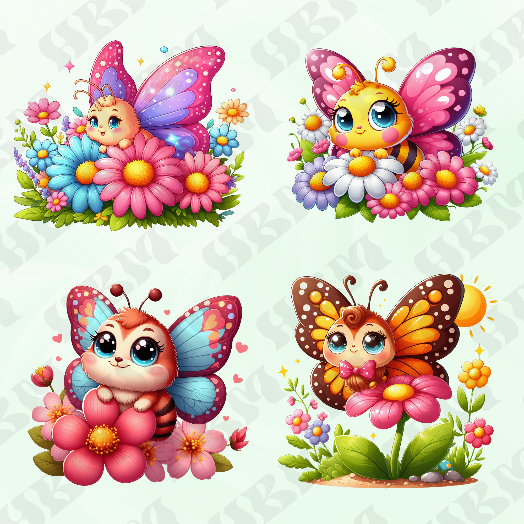 24 Cute Cartoon Spring Butterfly Clipart Bundle, Daisies Nursery Decor ...