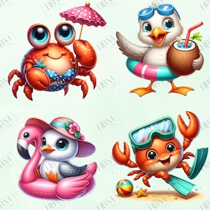 Funny Summer Animal Clipart Bundle, Beach Cartoon PNG, Tropical Digital ...